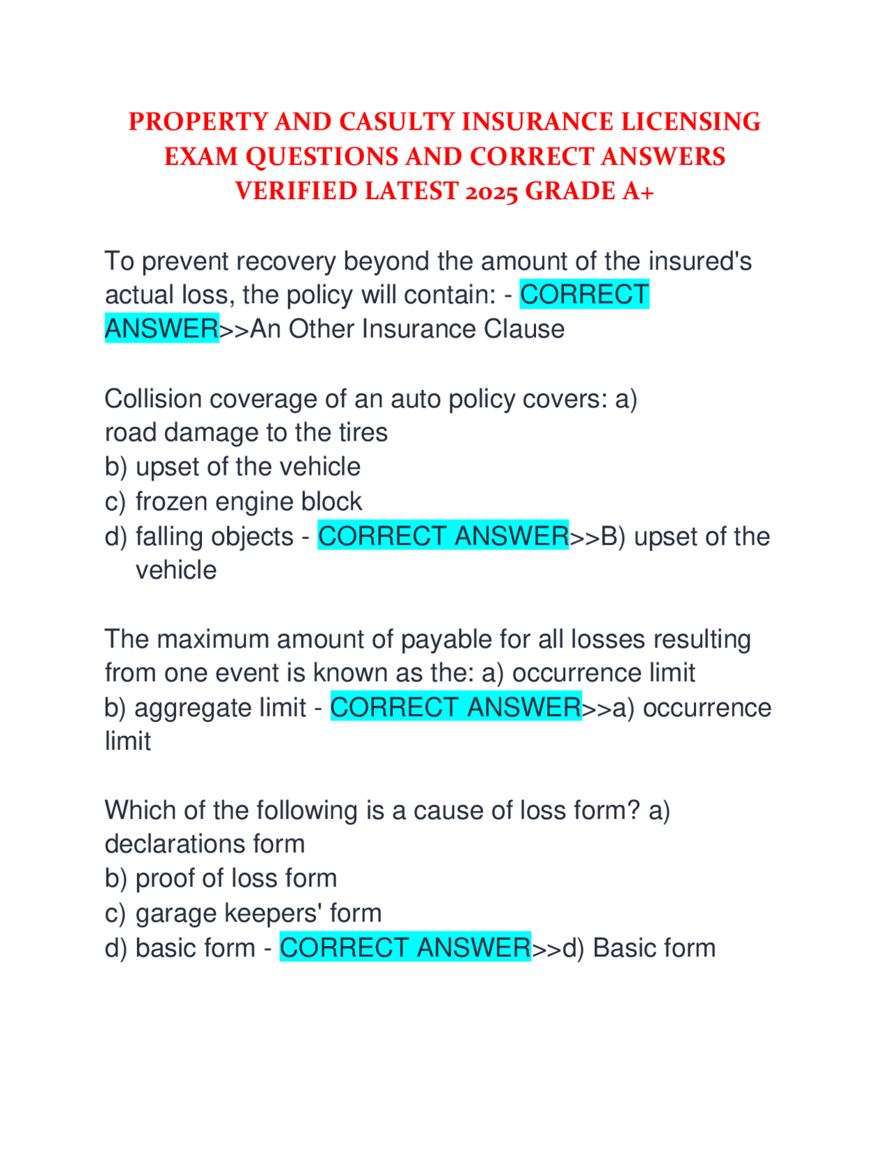 Property and Casualty Insurance Licensing Exam Questions and Answers ...