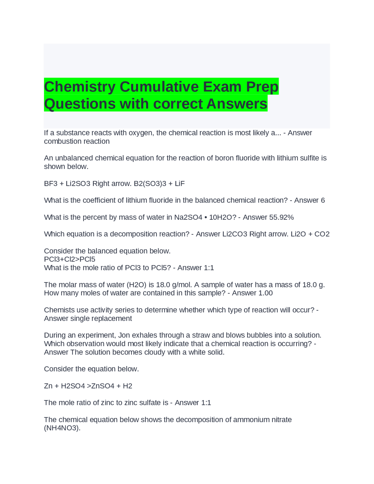 Chemistry Cumulative Exam Prep Questions with correct Answers | Exams ...