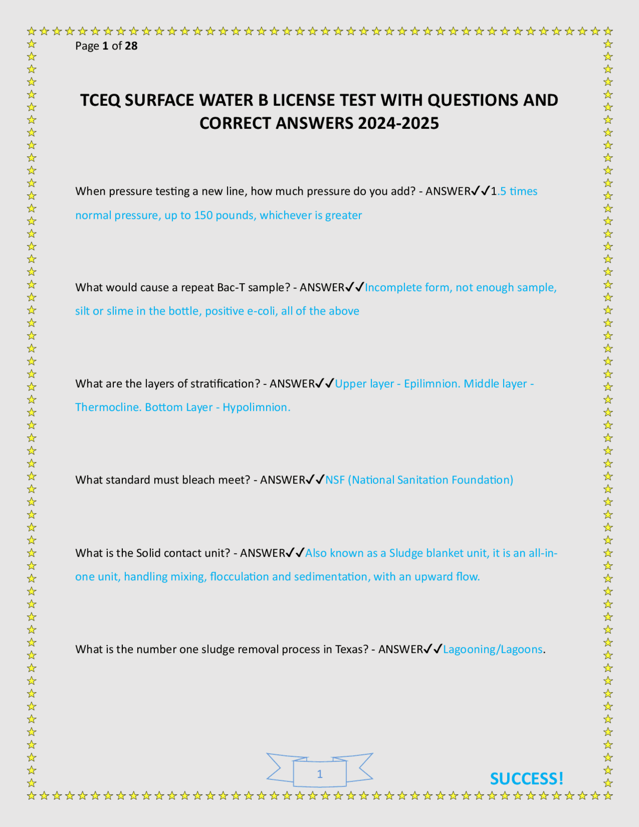 TCEQ SURFACE WATER B LICENSE TEST WITH QUESTIONS AND CORRECT ANSWERS ...