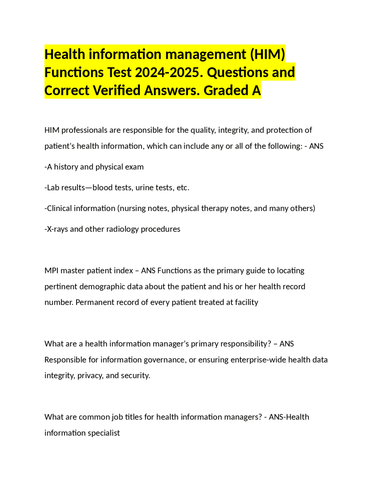 Health Information Management (HIM) Functions Test: Questions and ...