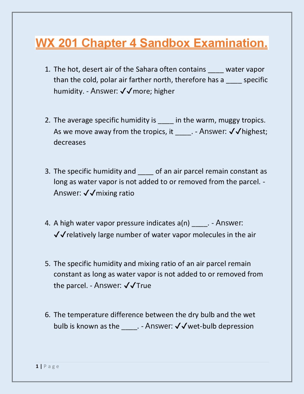 WX 201 Chapter 4 Sandbox Examination: Humidity and Water Vapor | Exams ...