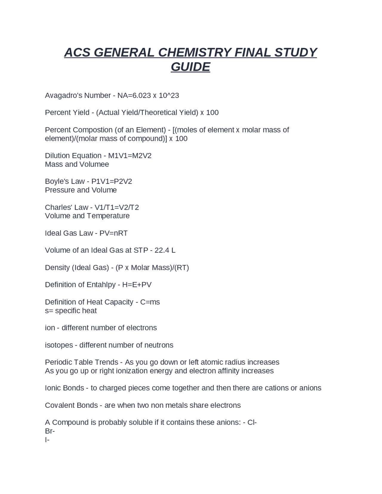 General Chemistry Final Study Guide: Key Concepts and Formulas | Exams ...