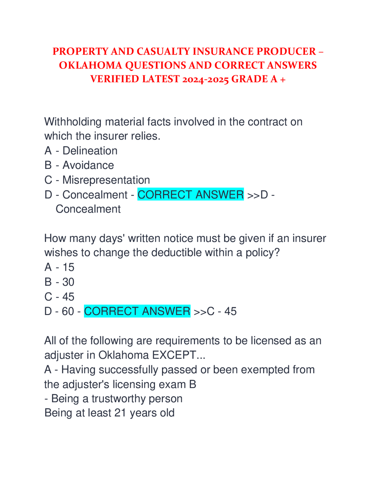 Oklahoma Property and Casualty Insurance Producer Exam Questions and ...