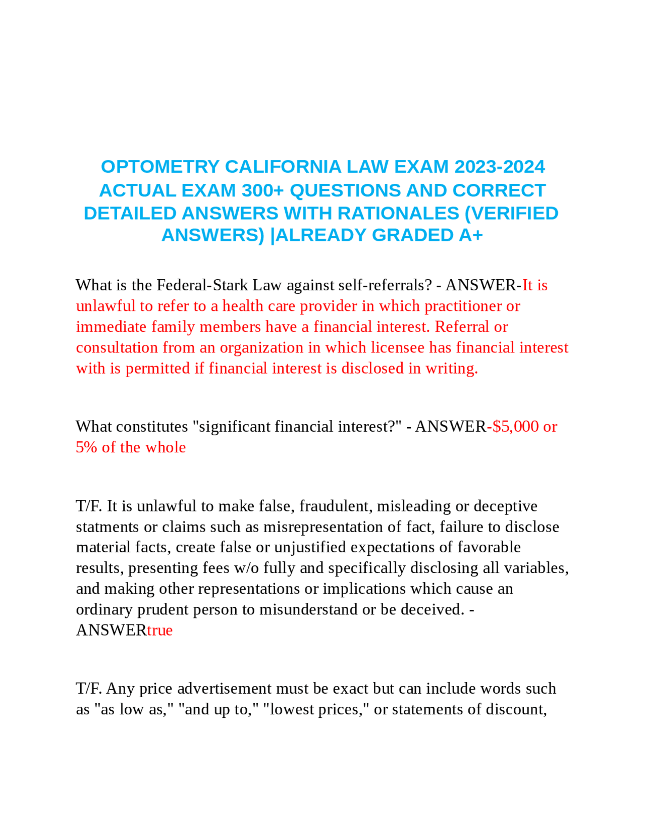 Optometry California Law Exam 2023-2024: Questions and Answers | Exams ...