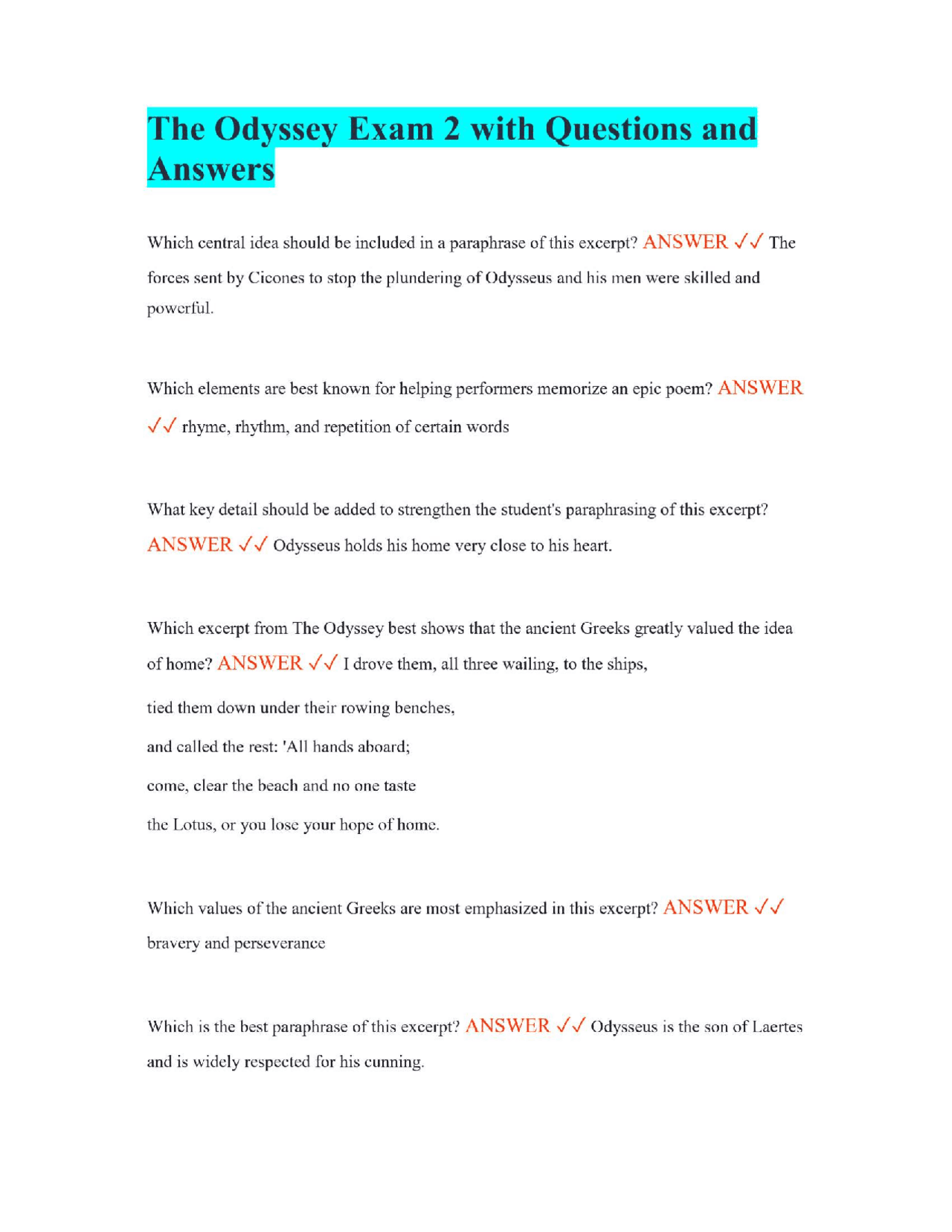 The Odyssey Exam 2 with Questions and Answers | Exams Humanities | Docsity