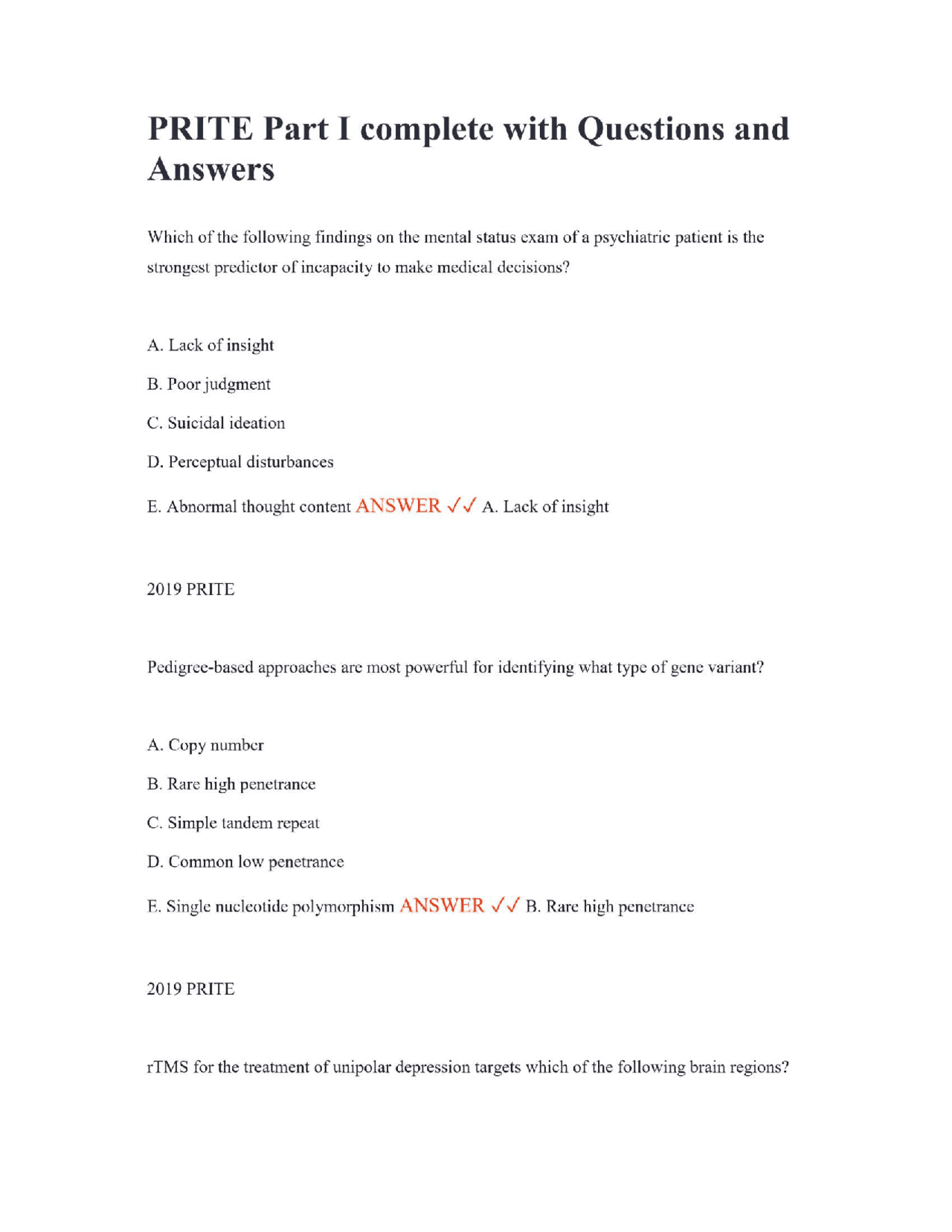 PRITE Part I complete with Questions and Answers | Exams Nursing | Docsity