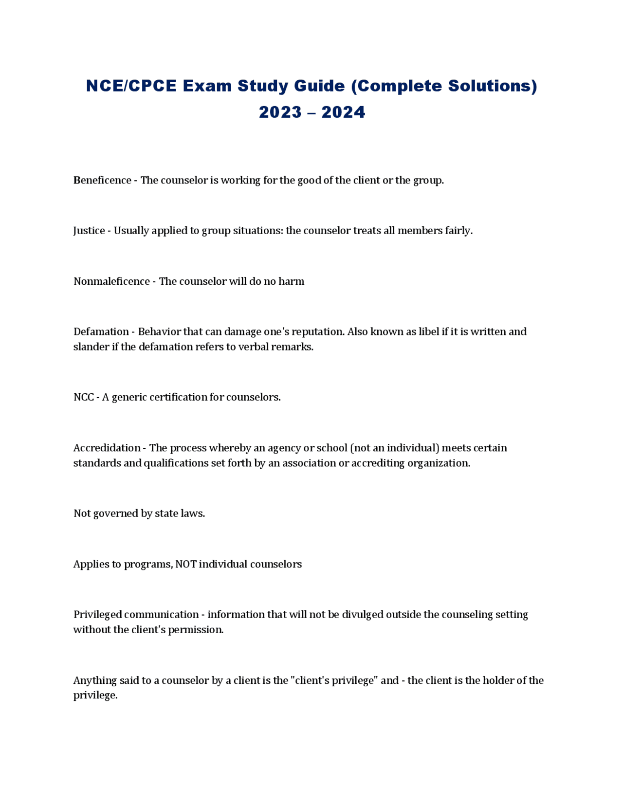 NCE/CPCE Exam Study Guide: Key Concepts and Definitions for Counseling ...