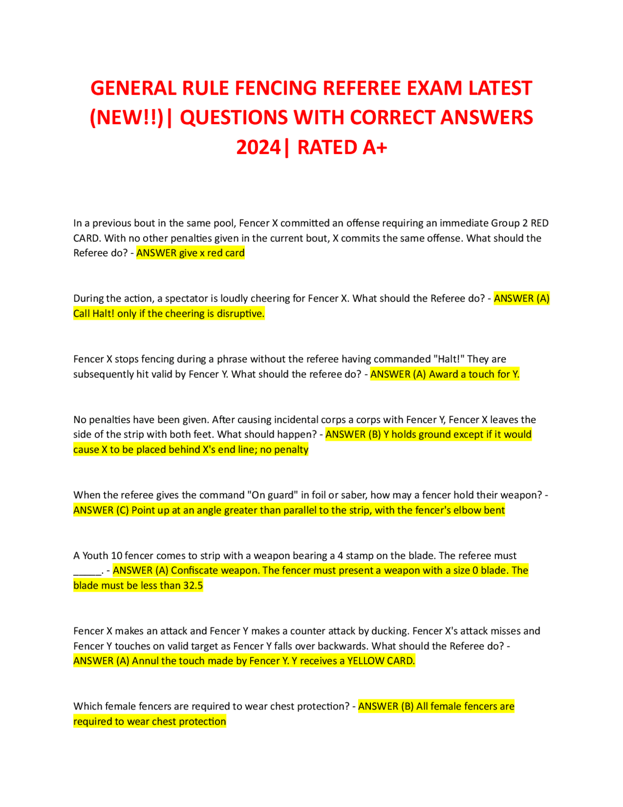 Fencing Referee Exam Questions and Answers | Exams Sport Studies | Docsity