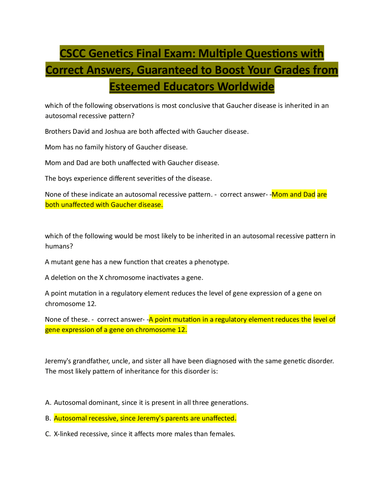 Genetics Final Exam: Multiple Choice Questions with Answers | Exams ...