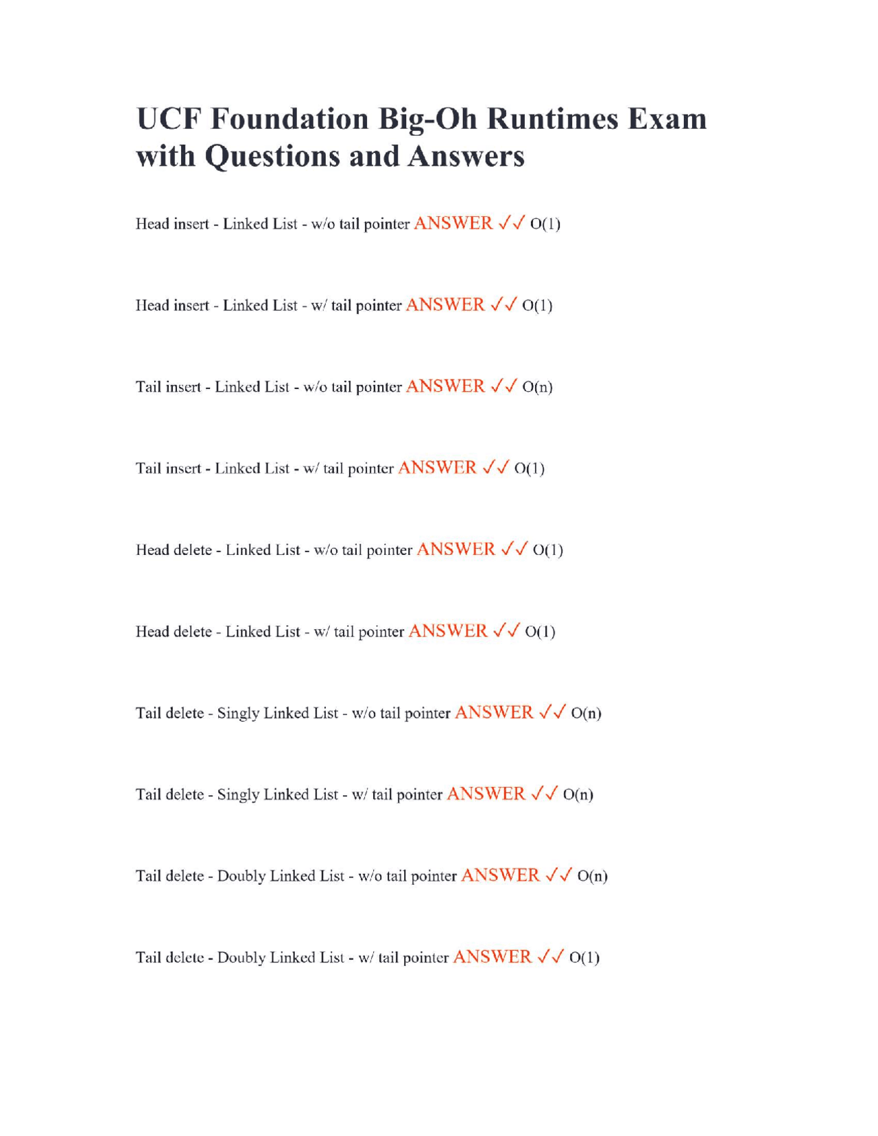 UCF Foundation Big-Oh Runtimes Exam with Questions and Answers | Exams ...