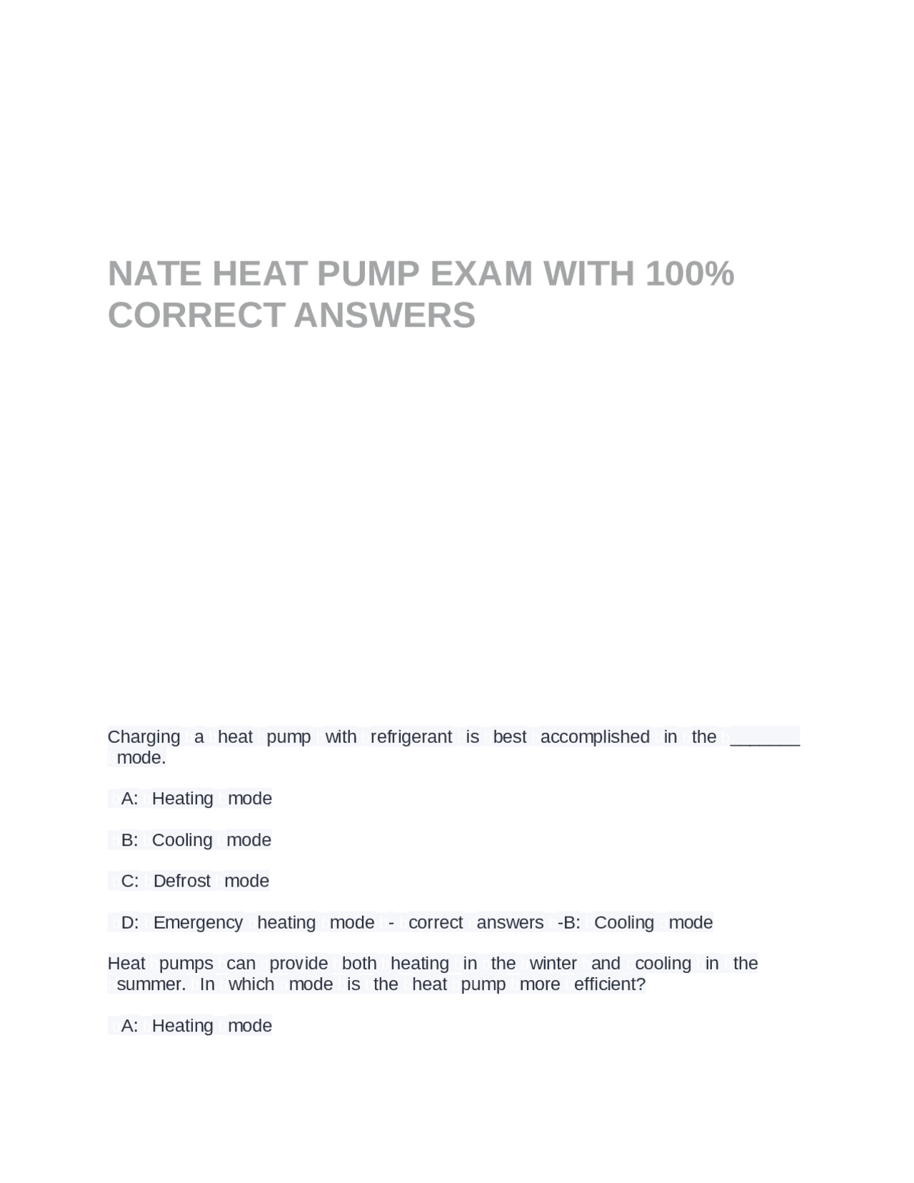 NATE Heat Pump Exam with all needed to pass.docx | Exams Nursing | Docsity