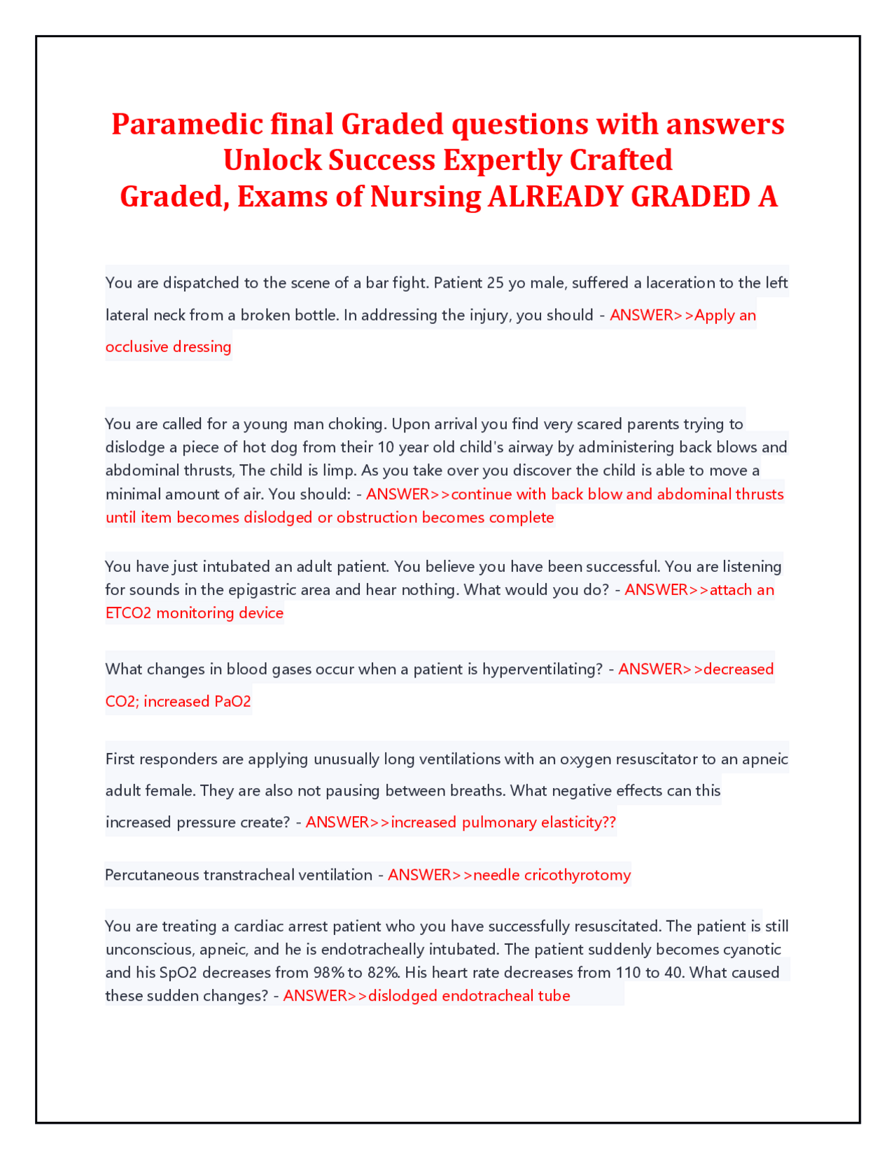Paramedic final Graded questions with answers Unlock Success Expertly ...