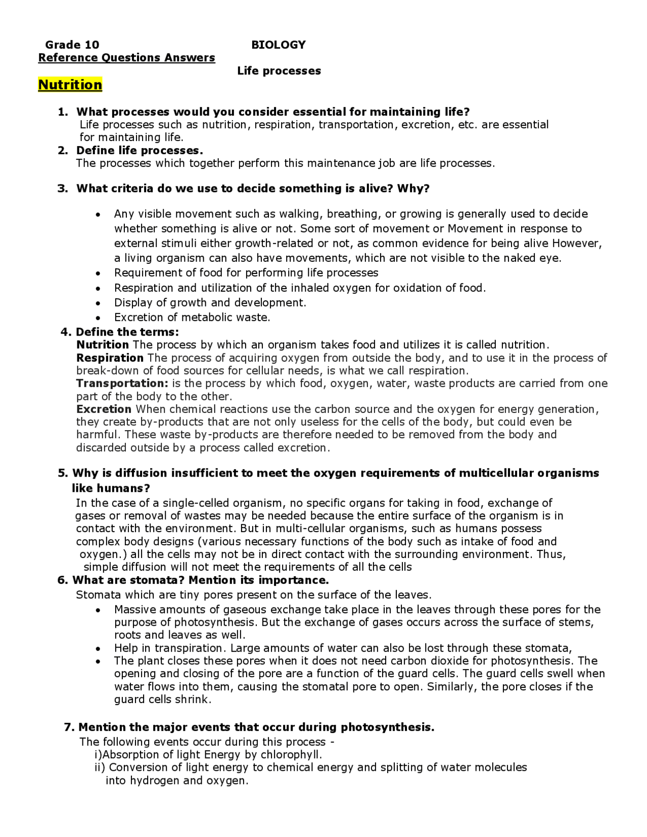 BIO NOTES CH 1- LIFE PROCESSES | Study notes Biology | Docsity