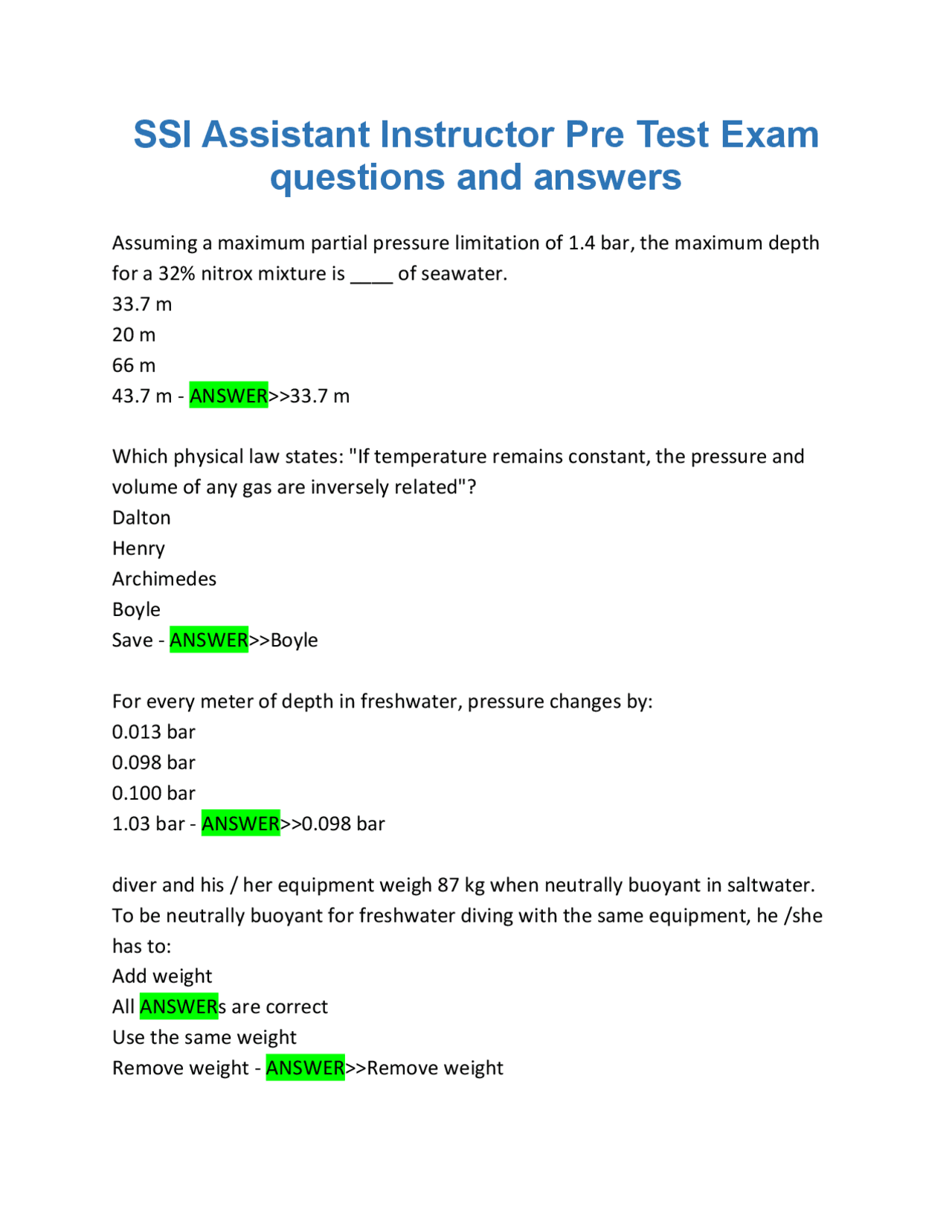 SSI Assistant Instructor Pre Test Exam: Diving Theory and Practice ...