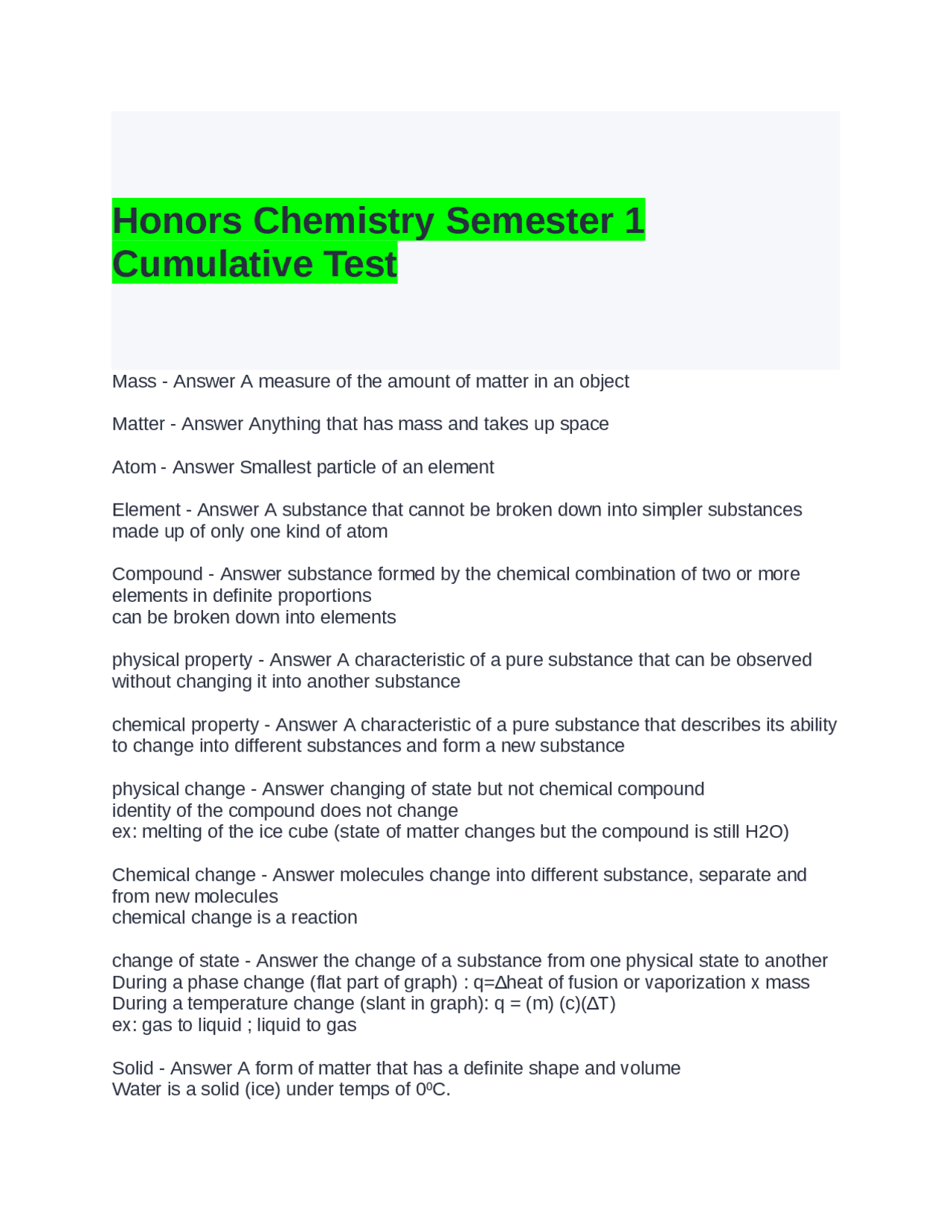 Honors Chemistry Semester 1 Cumulative Test: Key Concepts and ...