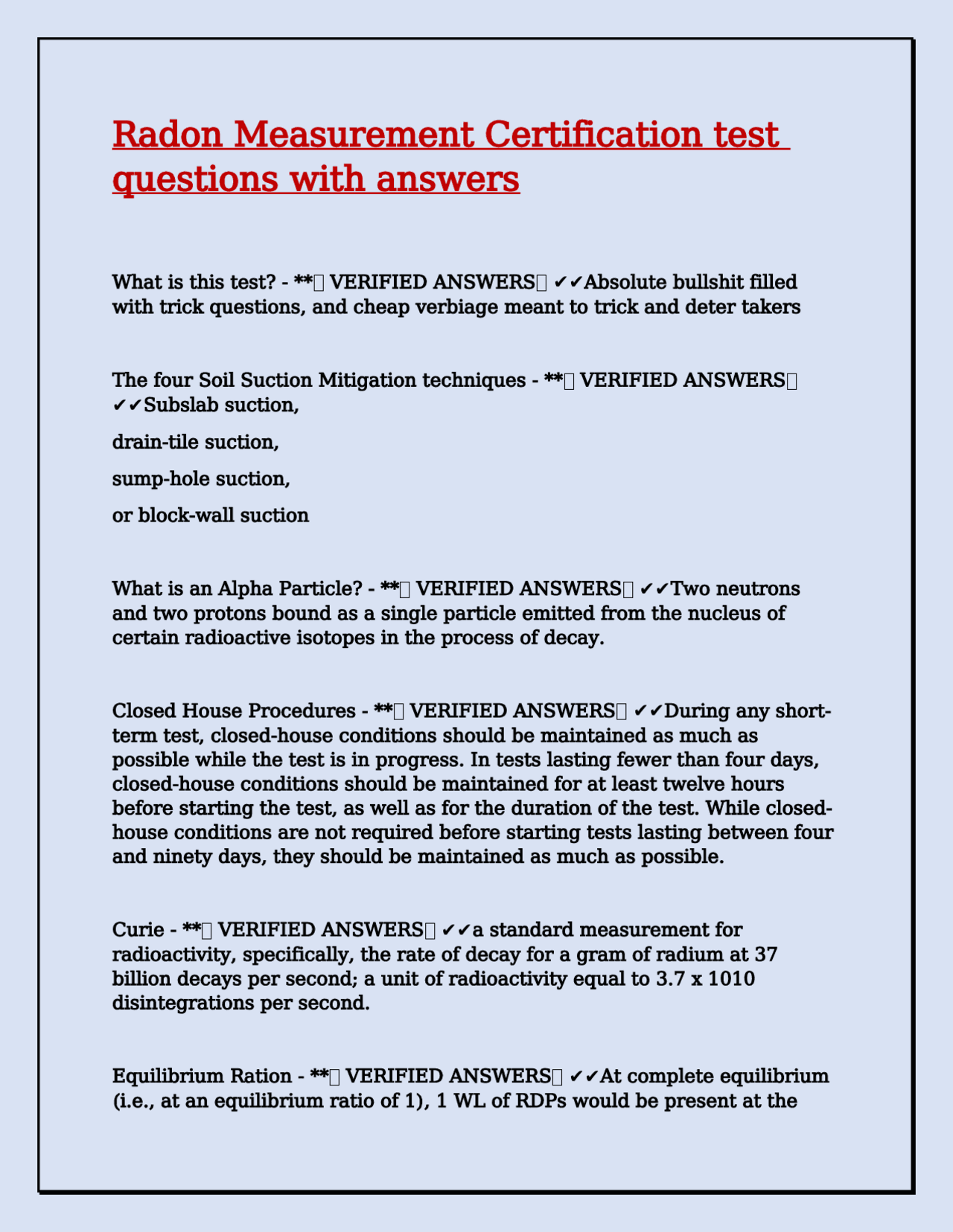 Radon Measurement Certification Test Questions and Answers | Exams ...