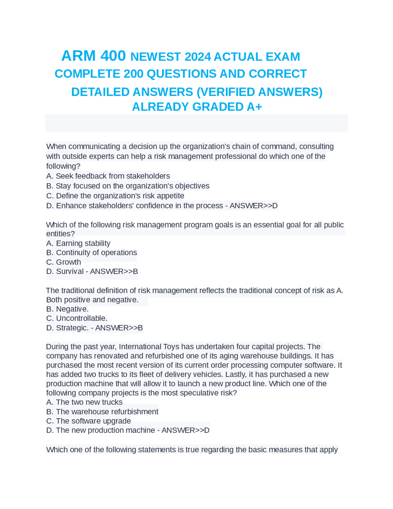 ARM 400 NEWEST 2024 ACTUAL EXAM COMPLETE 200 QUESTIONS AND CORRECT ...