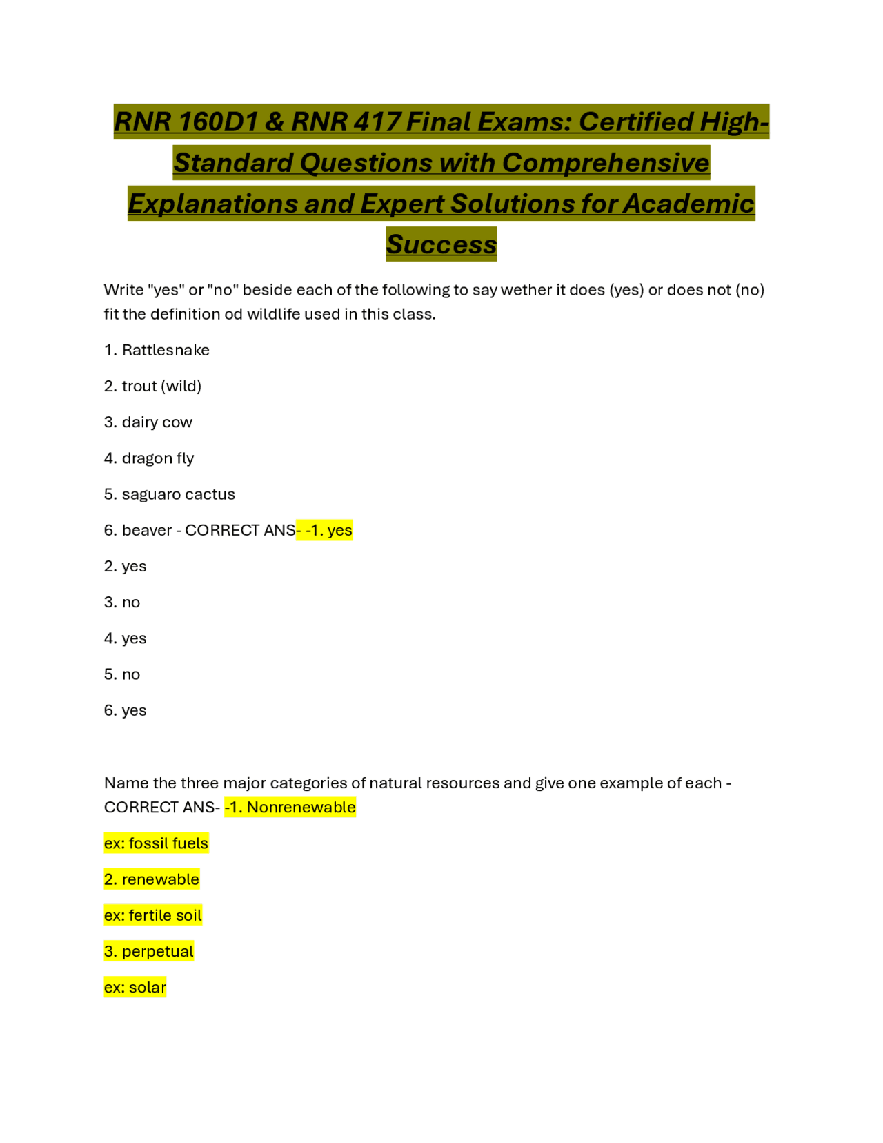 Wildlife Management: Final Exam Review Questions and Answers | Exams ...