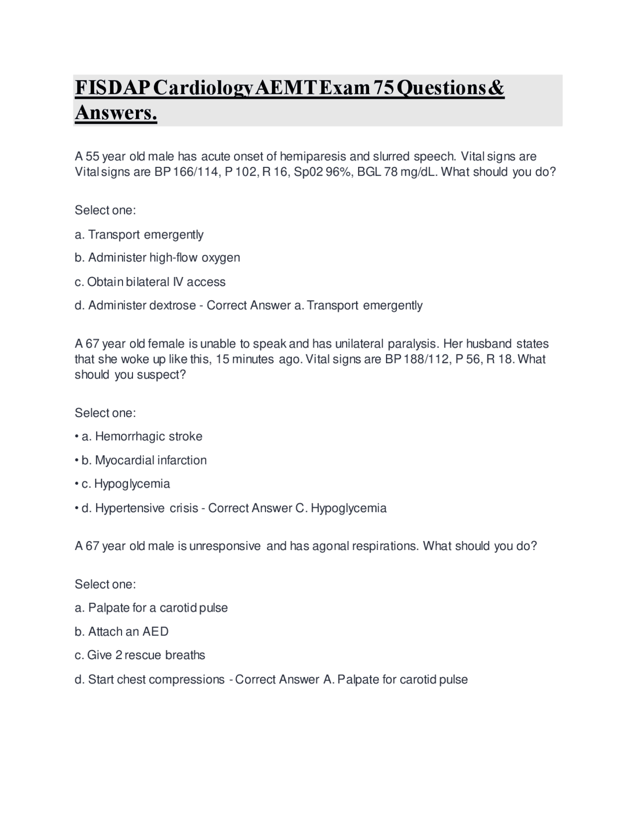 FISDAP Cardiology AEMT Exam 75 Questions & Answers. | Exams Cardiology ...