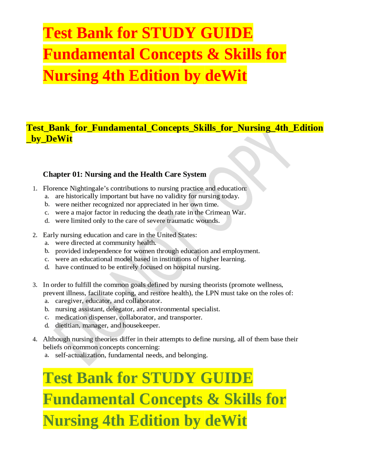 Test Bank for Fundamental Concepts & Skills for Nursing, 4th Edition ...