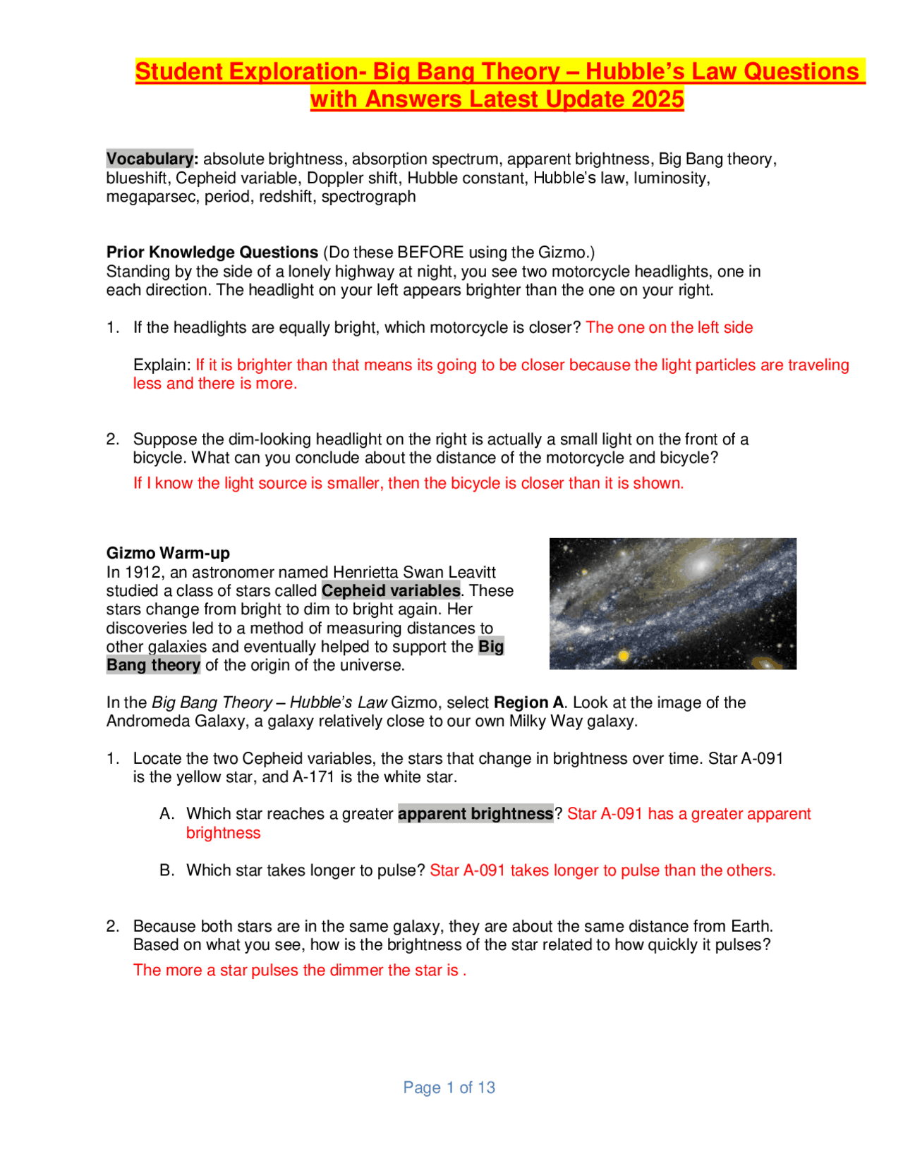 Student Exploration: Big Bang Theory - Hubble's Law Questions with ...