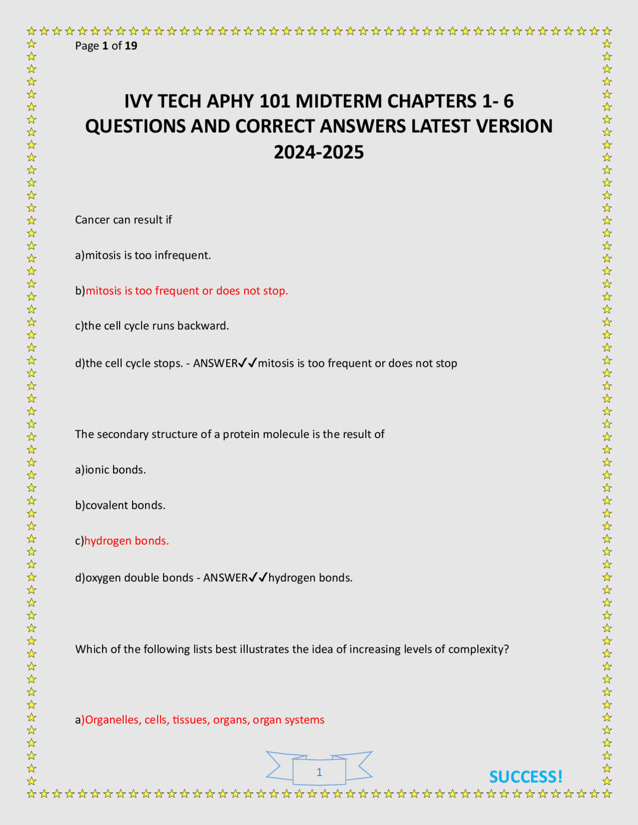IVY TECH APHY 101 MIDTERM CHAPTERS 1- 6 QUESTIONS AND CORRECT ANSWERS ...