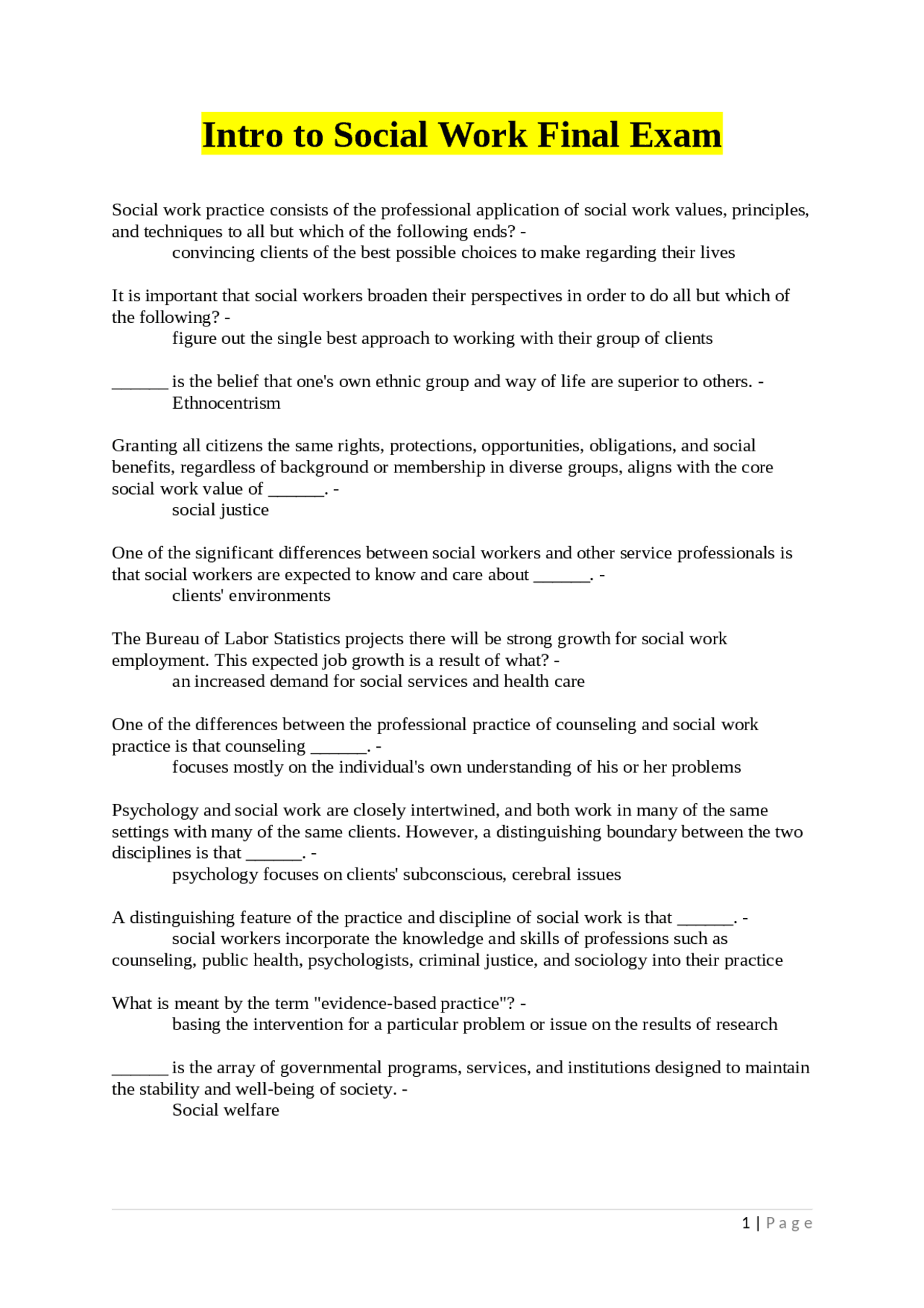 Intro to Social Work Final Exam | Exams Social Work | Docsity