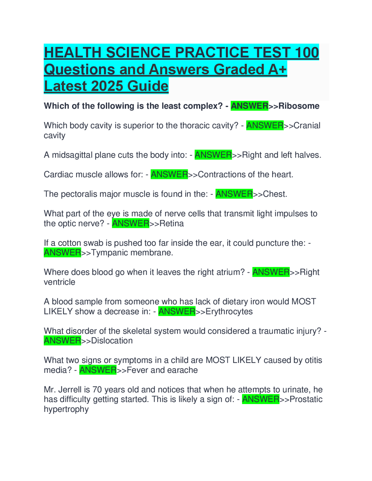 HEALTH SCIENCE PRACTICE TEST 100 Questions and Answers Graded A+ Latest ...