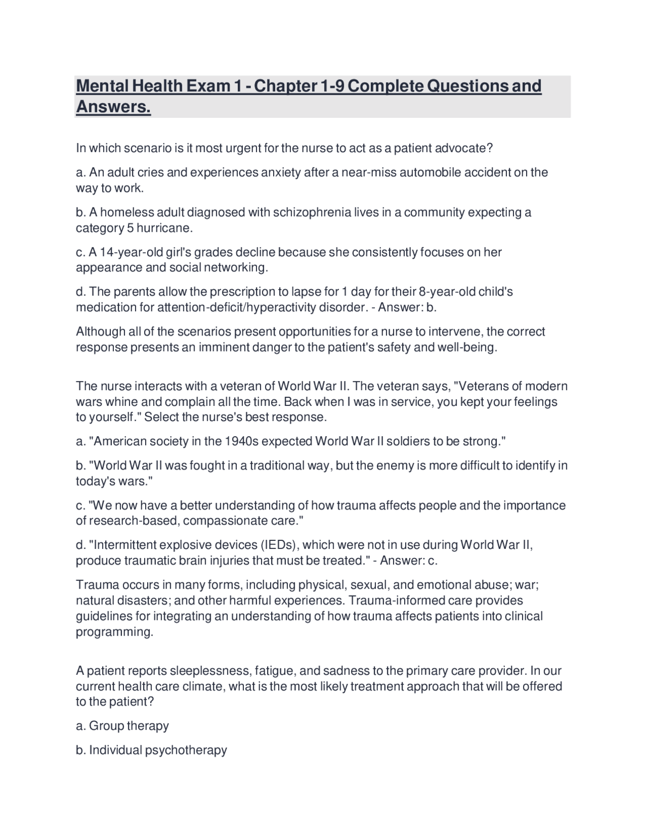 Mental Health Exam 1 - Chapter 1-9 Complete Questions and Answers ...