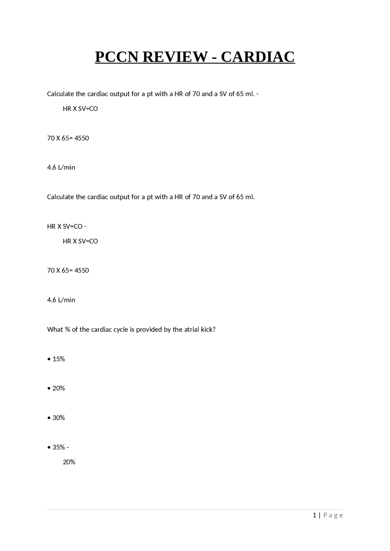 PCCN Review - Cardiac: Exercises and Questions | Exams Nursing | Docsity