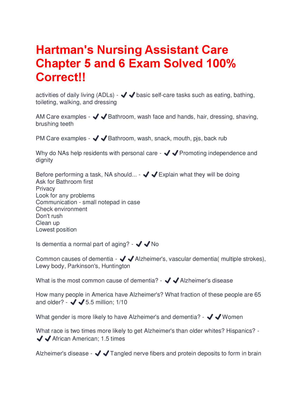 Hartman's Nursing Assistant Care: Chapter 5 and 6 Exam Solved | Exams ...