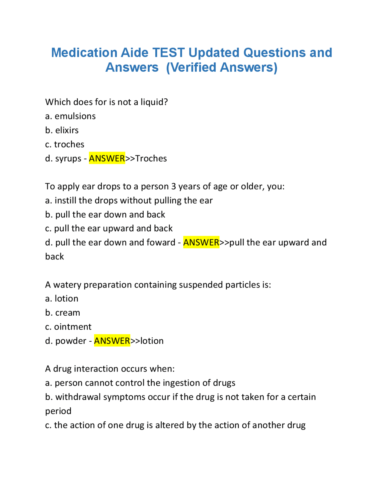 Medication Aide Test: Multiple Choice Questions and Answers | Exams ...