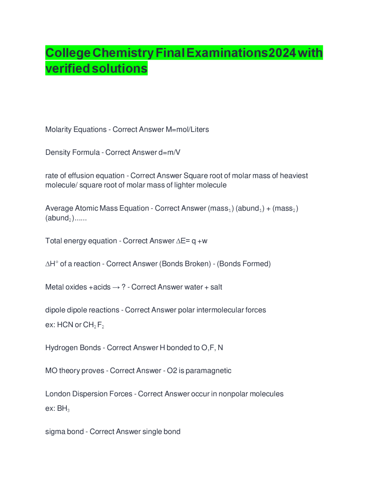 College Chemistry Final Examinations: Key Concepts and Equations ...