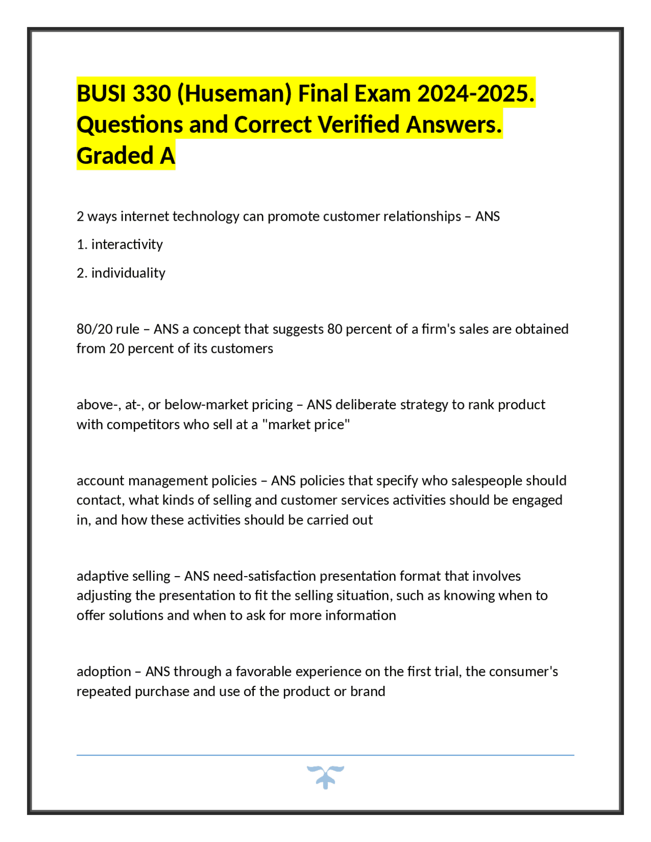 BUSI 330 Final Exam Questions and Answers: Marketing Concepts and ...