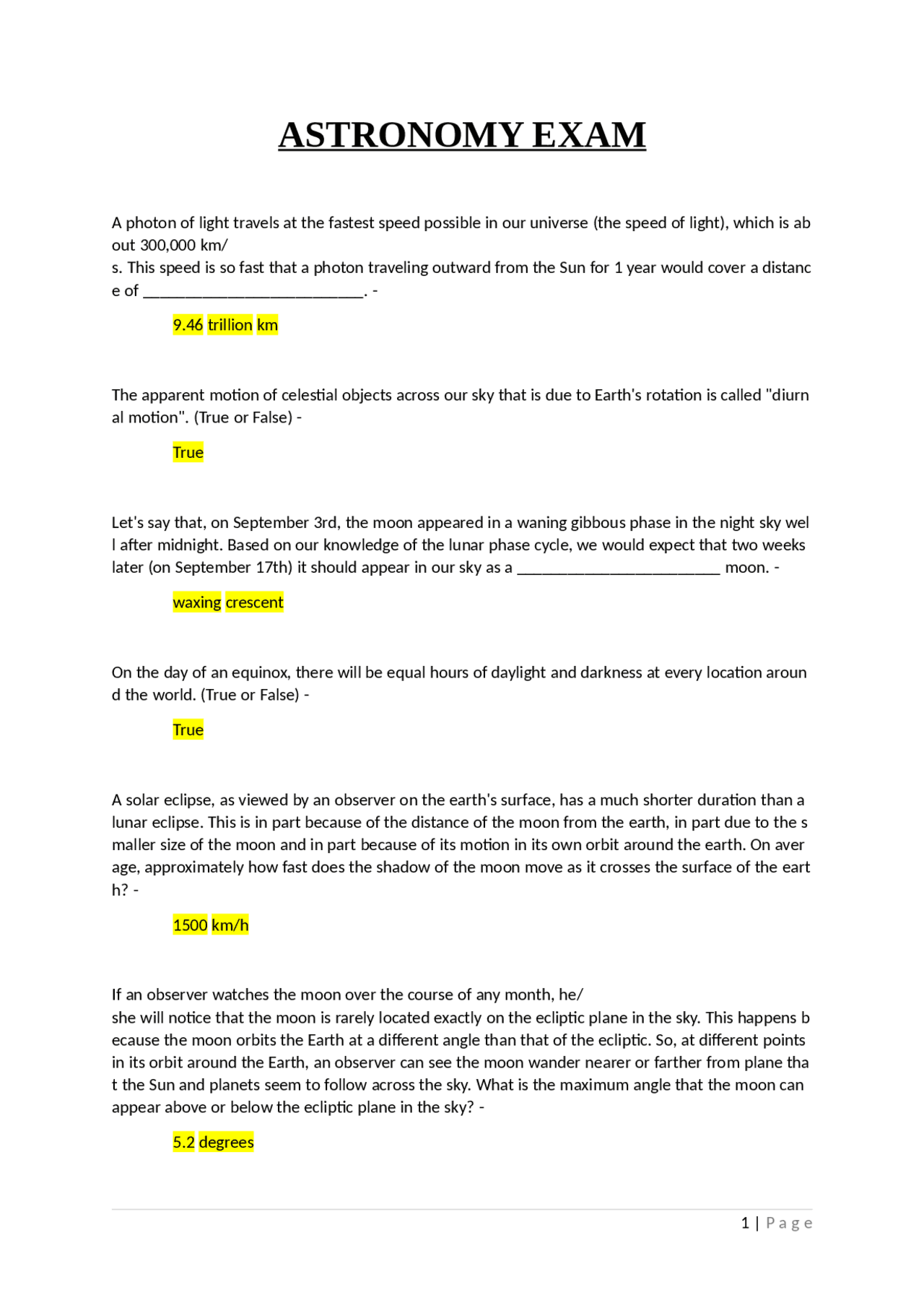 Astronomy Exam: Multiple Choice Questions and Answers | Exams Astronomy | Docsity