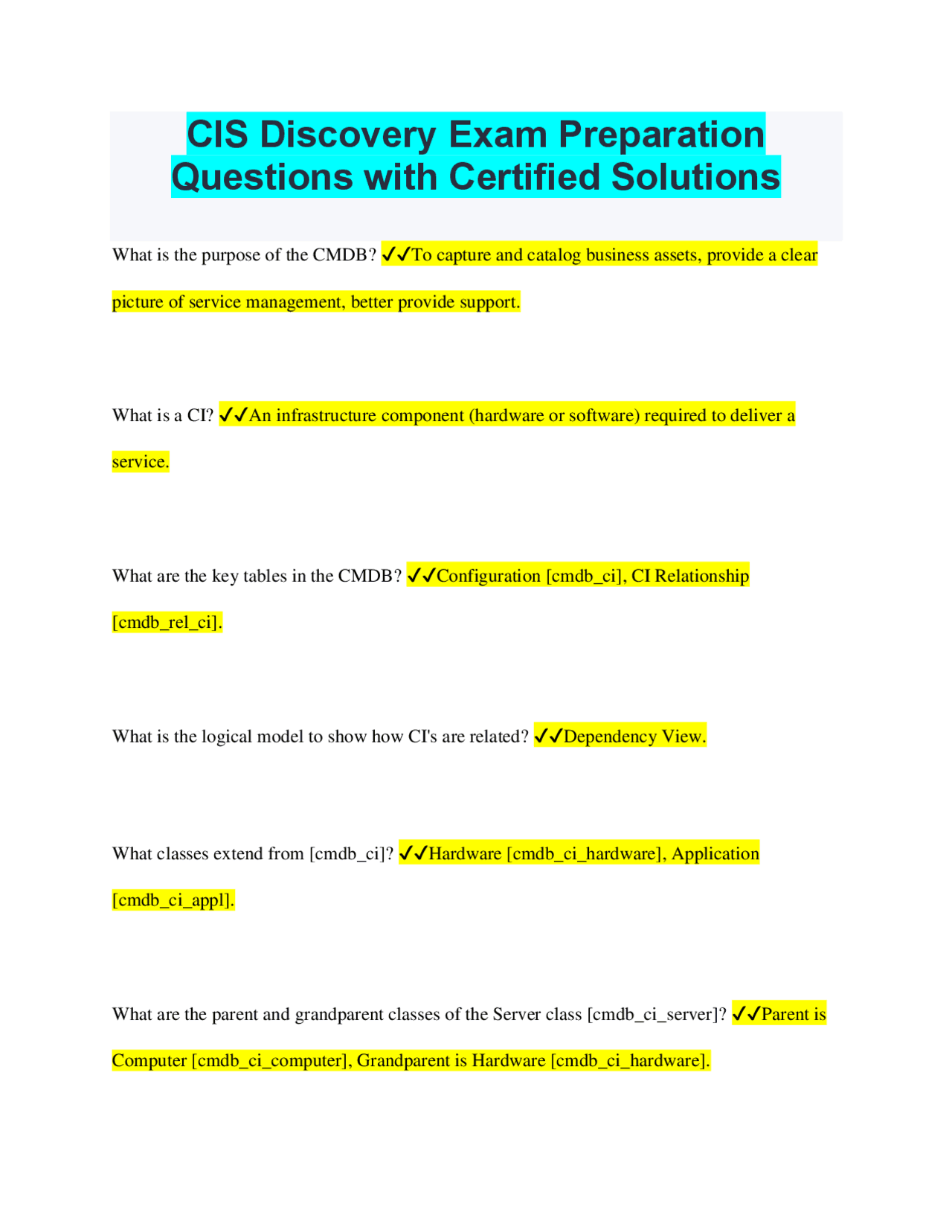 CIS Discovery Exam Preparation: Questions and Answers on CMDB and ...