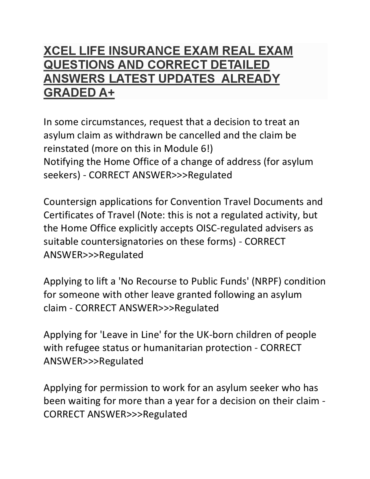 XCEL LIFE INSURANCE EXAM REAL EXAM QUESTIONS AND CORRECT DETAILED ...