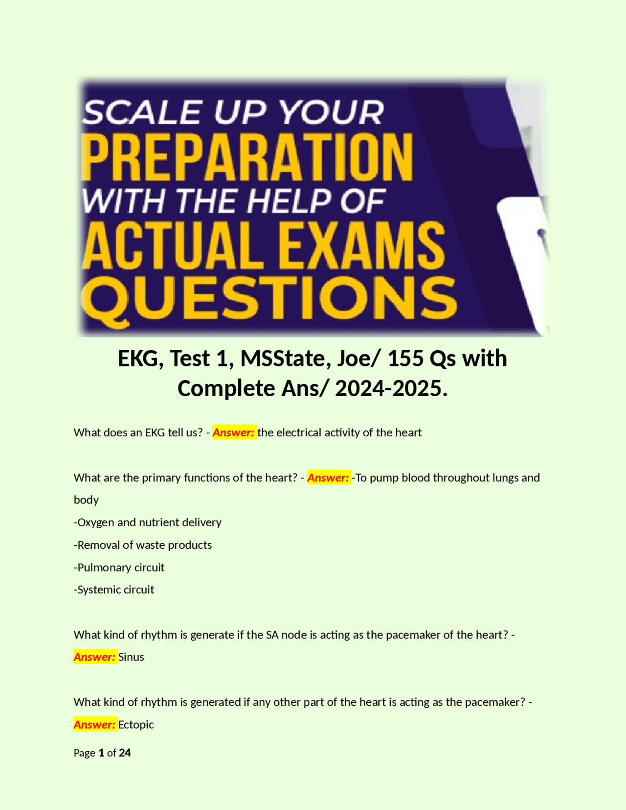 EKG Test 1: Questions and Answers for Medical Students | Exams Nursing ...