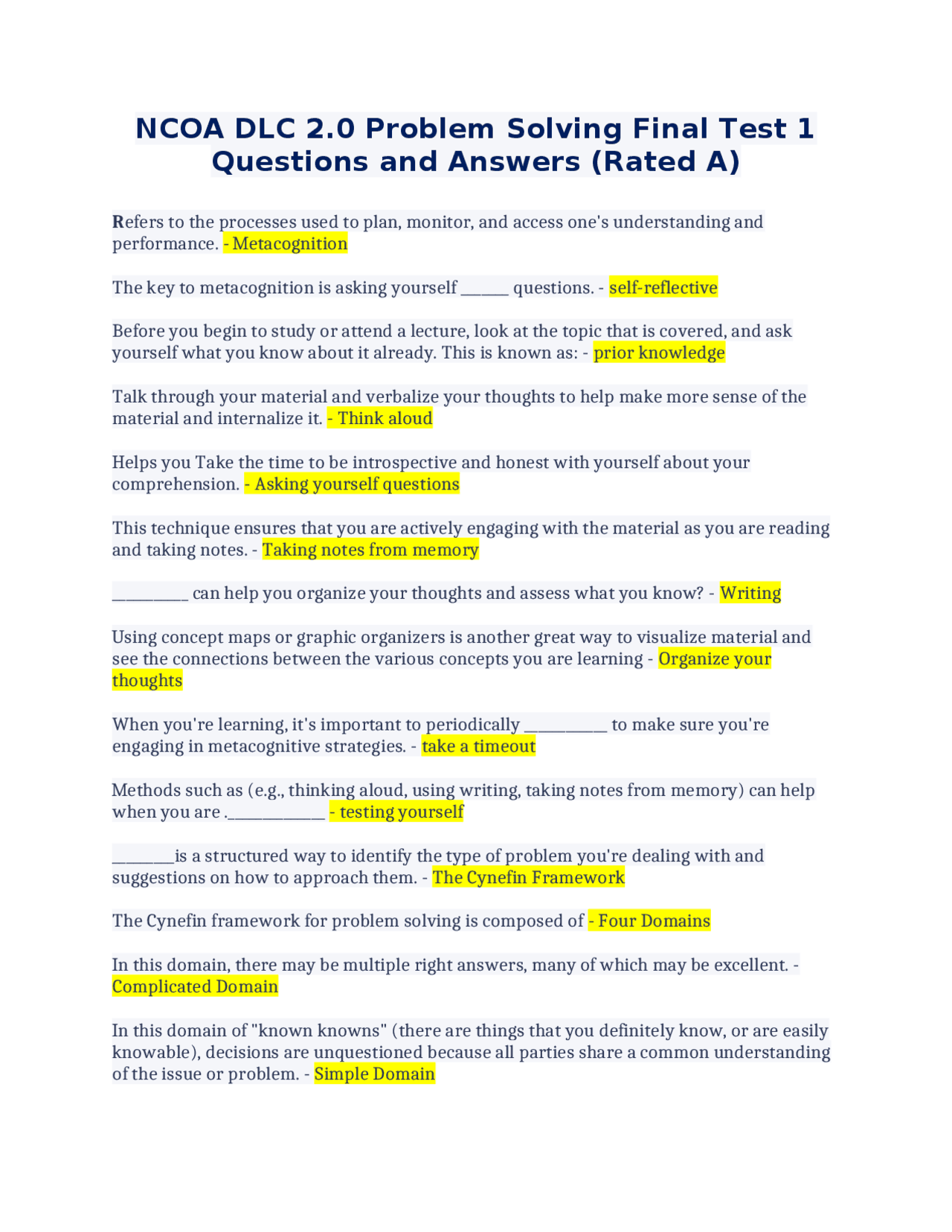 NCOA DLC 2.0 Problem Solving Final Test 1: Questions and Answers ...