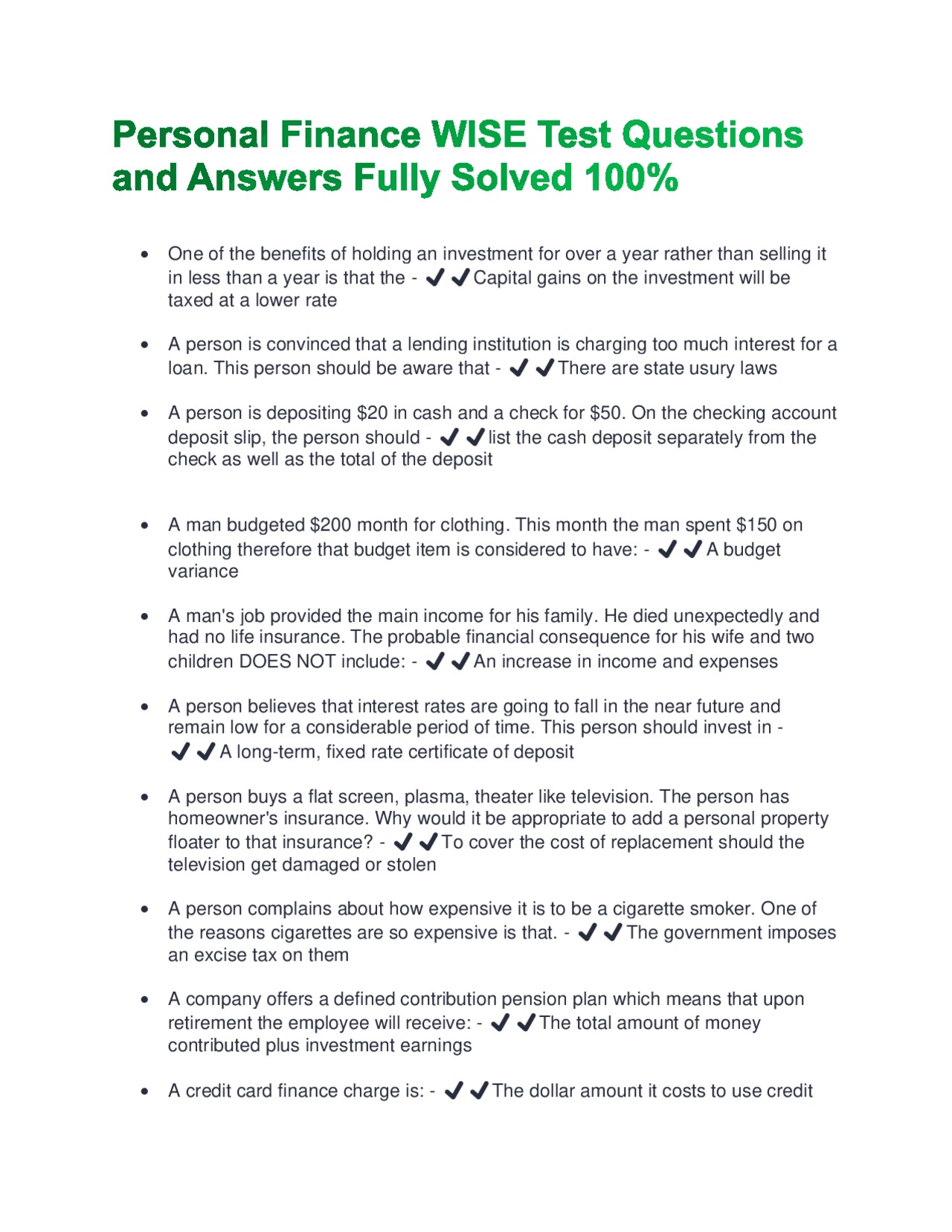 Personal Finance WISE Test Questions and Answers | Exams Finance | Docsity