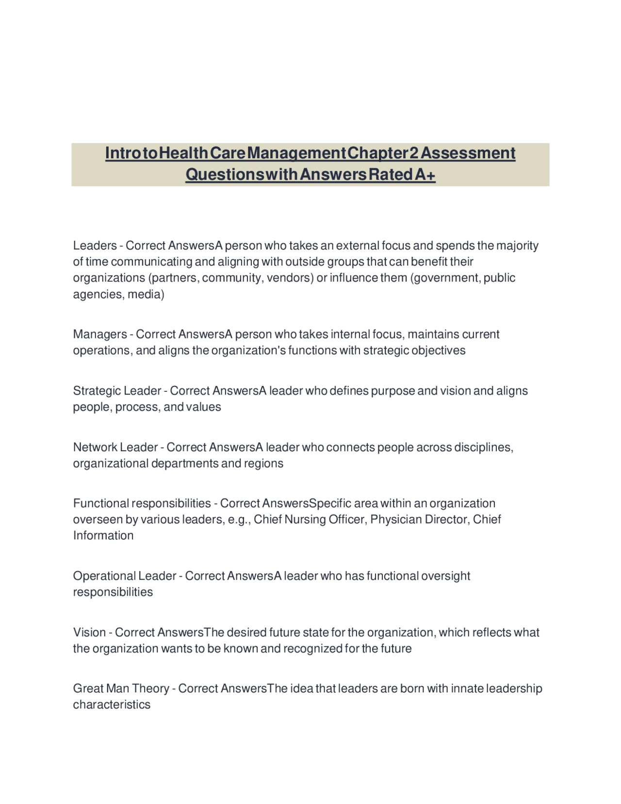 Intro to Health Care Management Chapter 2 Assessment Questions with ...