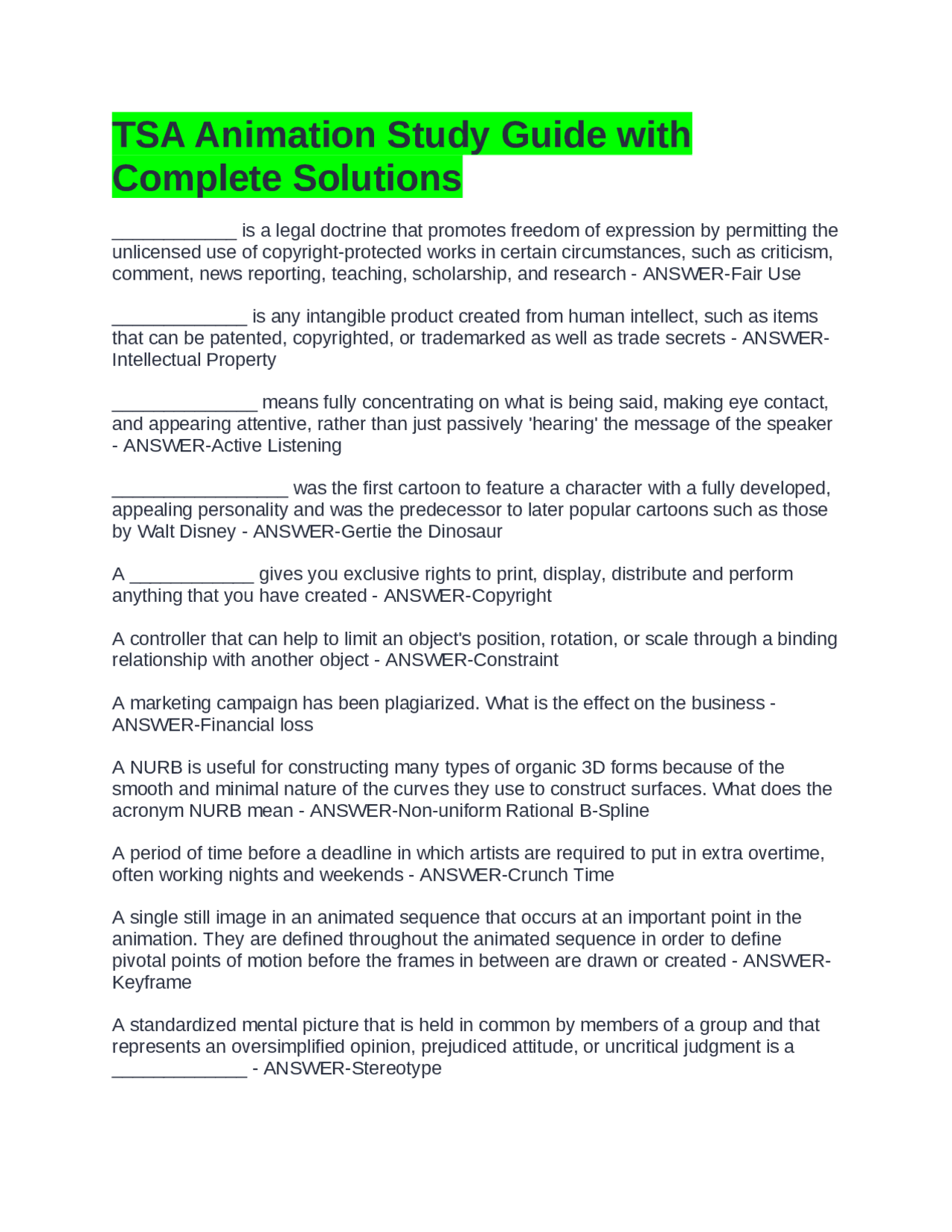 TSA Animation Study Guide with Complete Solutions | Exams Art | Docsity