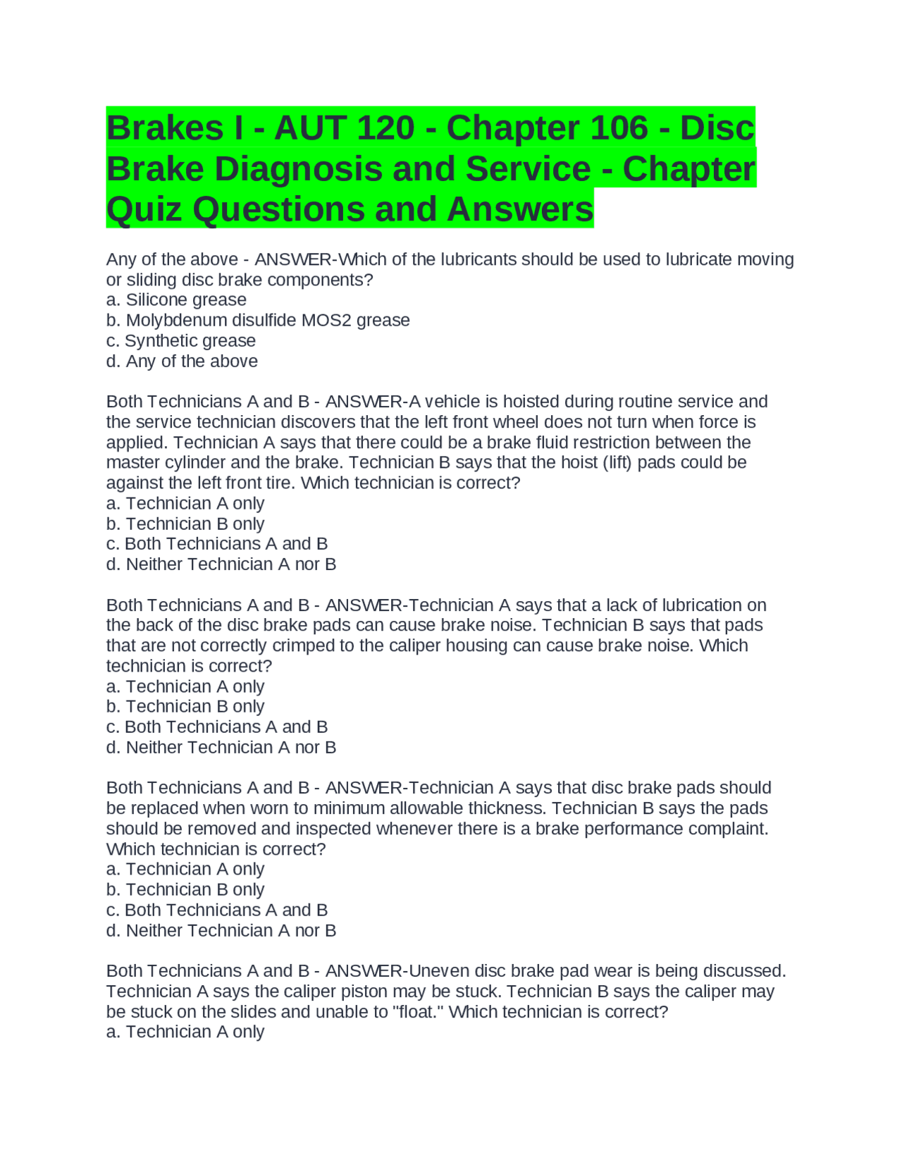 Brake System Diagnosis and Service: Quiz Questions and Answers | Exams ...