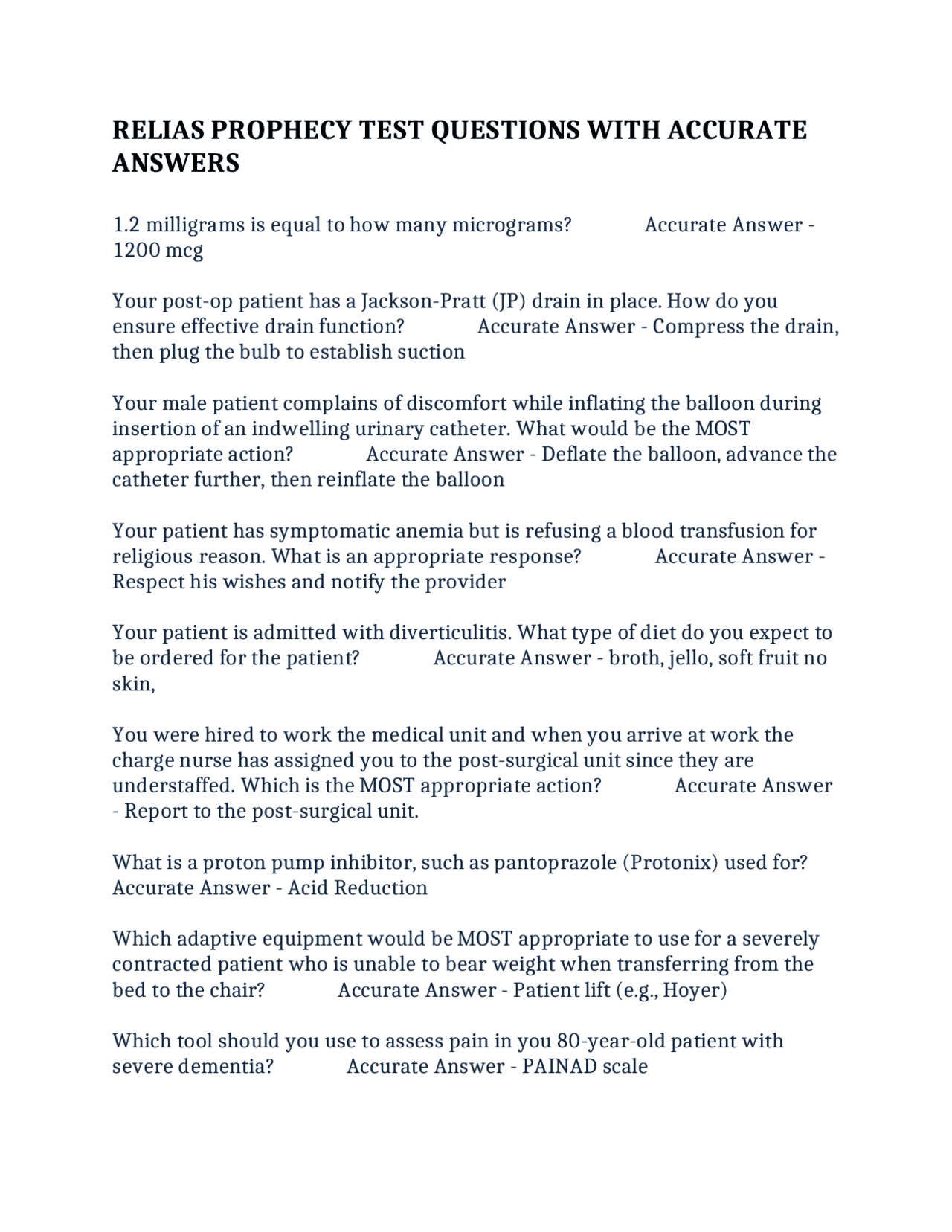 RELIAS PROPHECY TEST QUESTIONS WITH ACCURATE ANSWERS | Exams Public ...