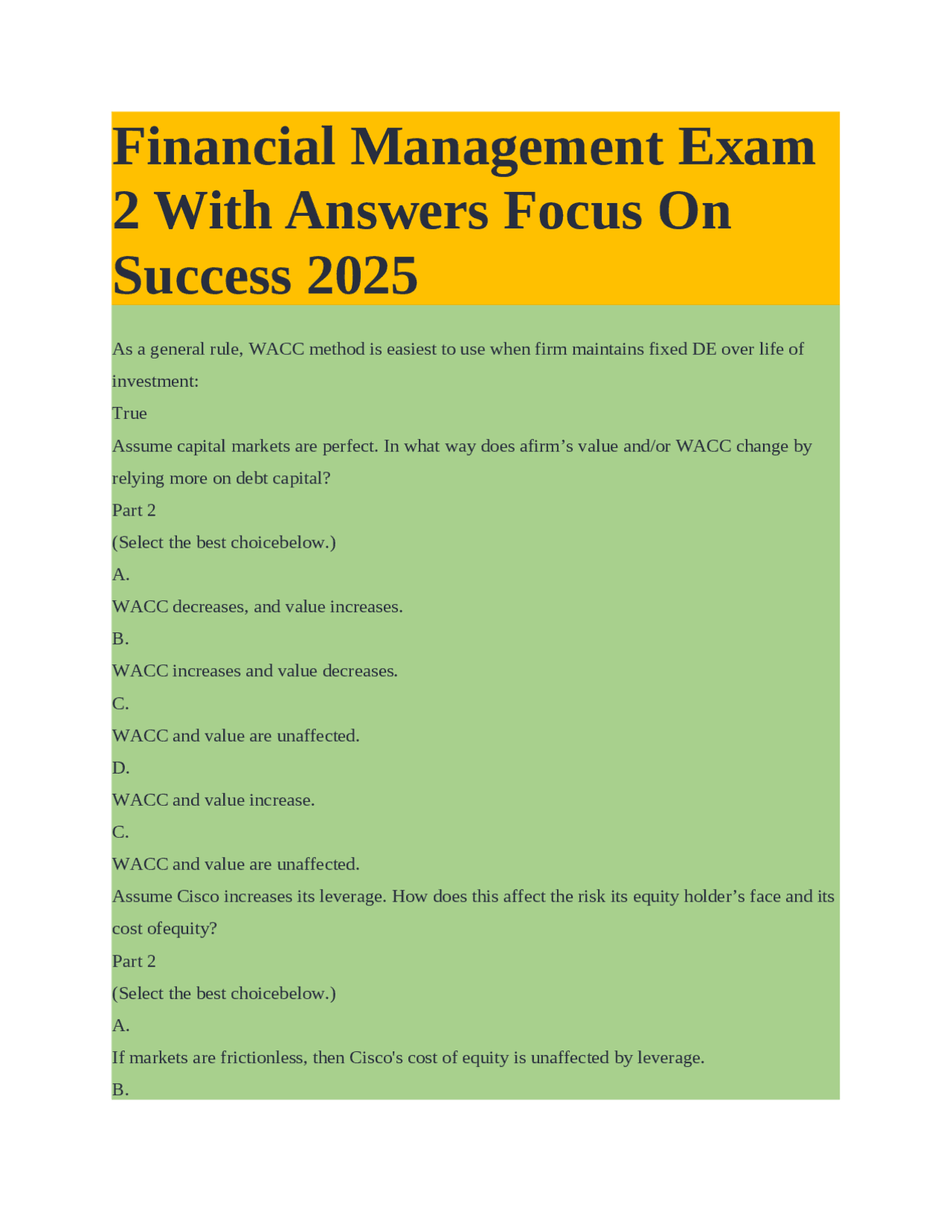 Financial Management Exam 2 With Answers Focus On Success 2025 | Exams ...