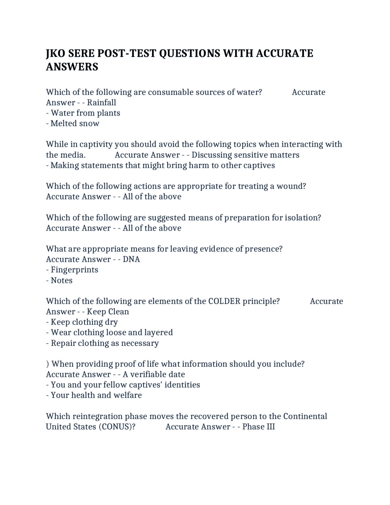 JKO SERE Post-Test Questions and Answers | Exams Public Health | Docsity