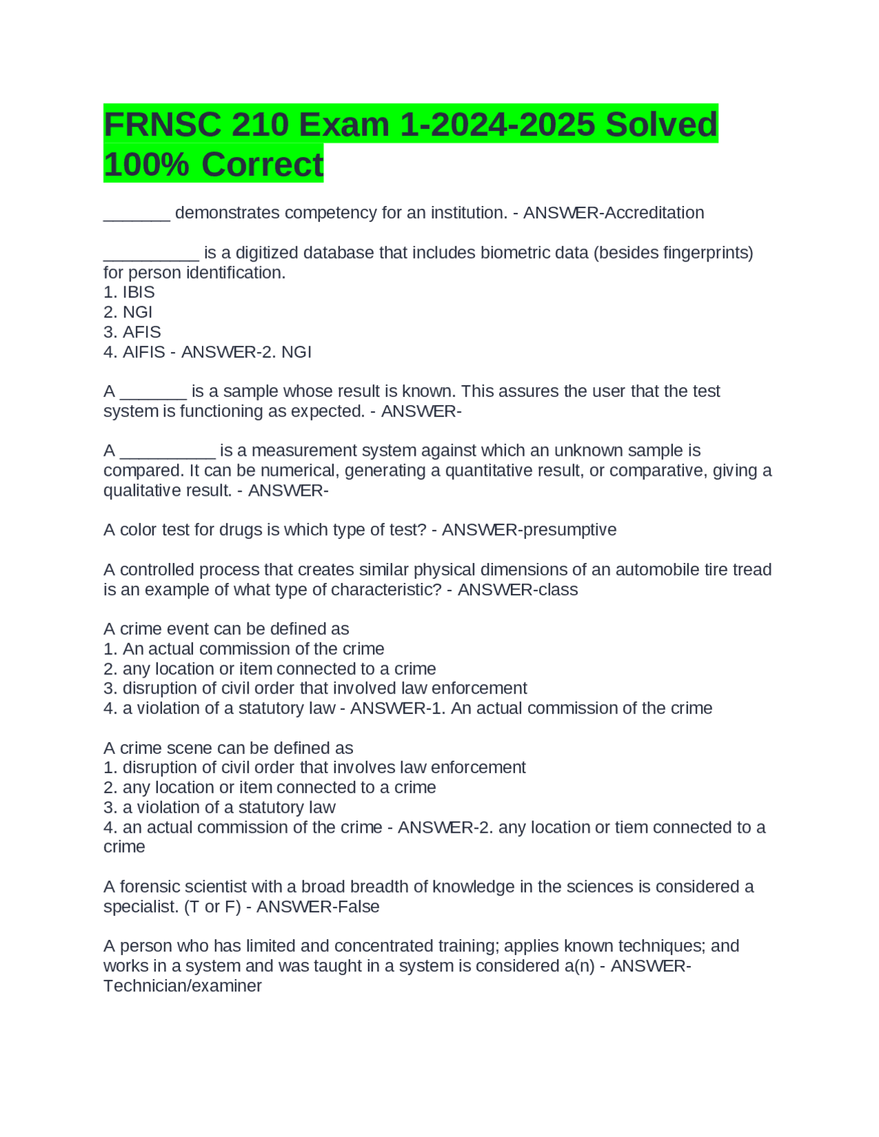 FRNSC 210 Exam 1 - 2024-2025 Solved: Forensic Science Concepts and ...