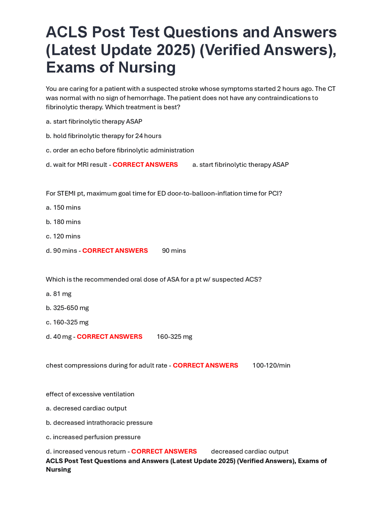 ACLS Post Test Questions and Answers (Latest Update 2025) (Verified ...