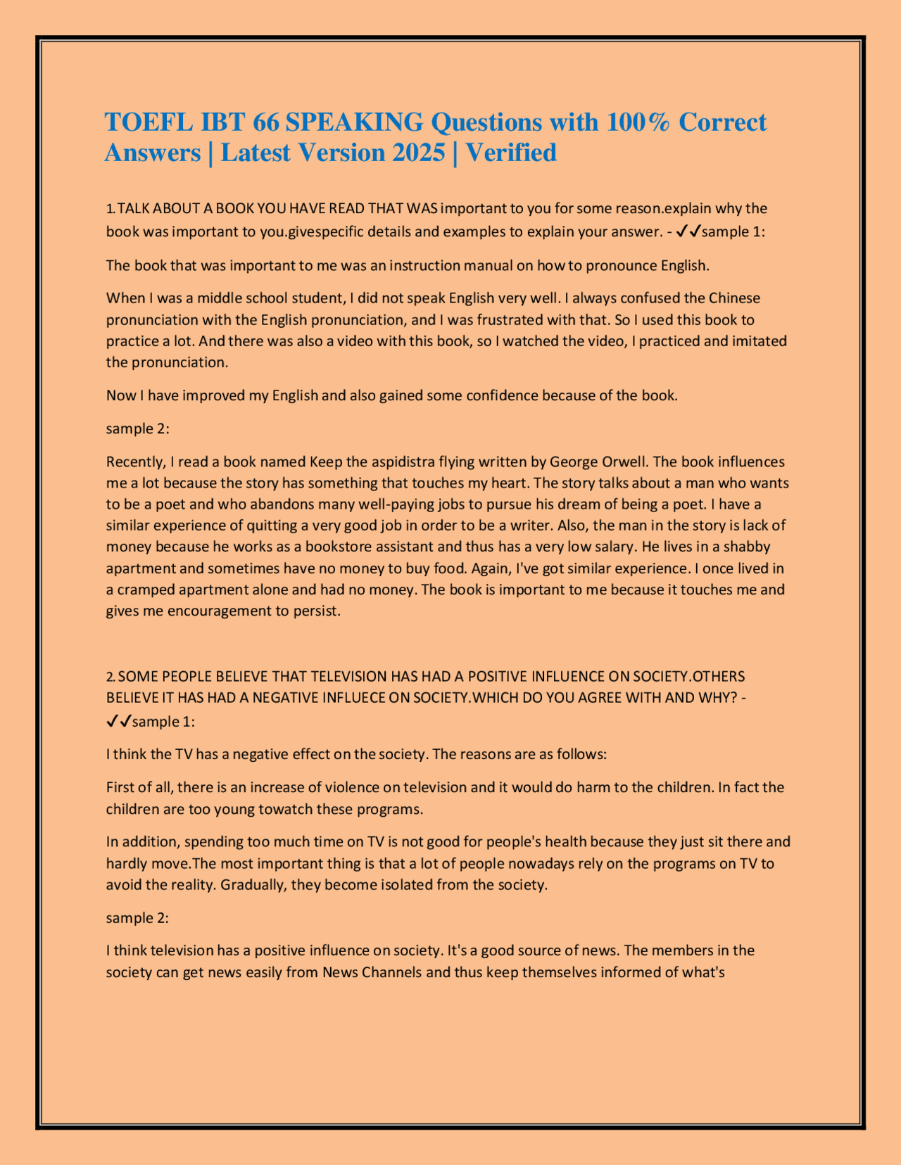 TOEFL IBT 66 Speaking Questions with 100% Correct Answers | Latest ...