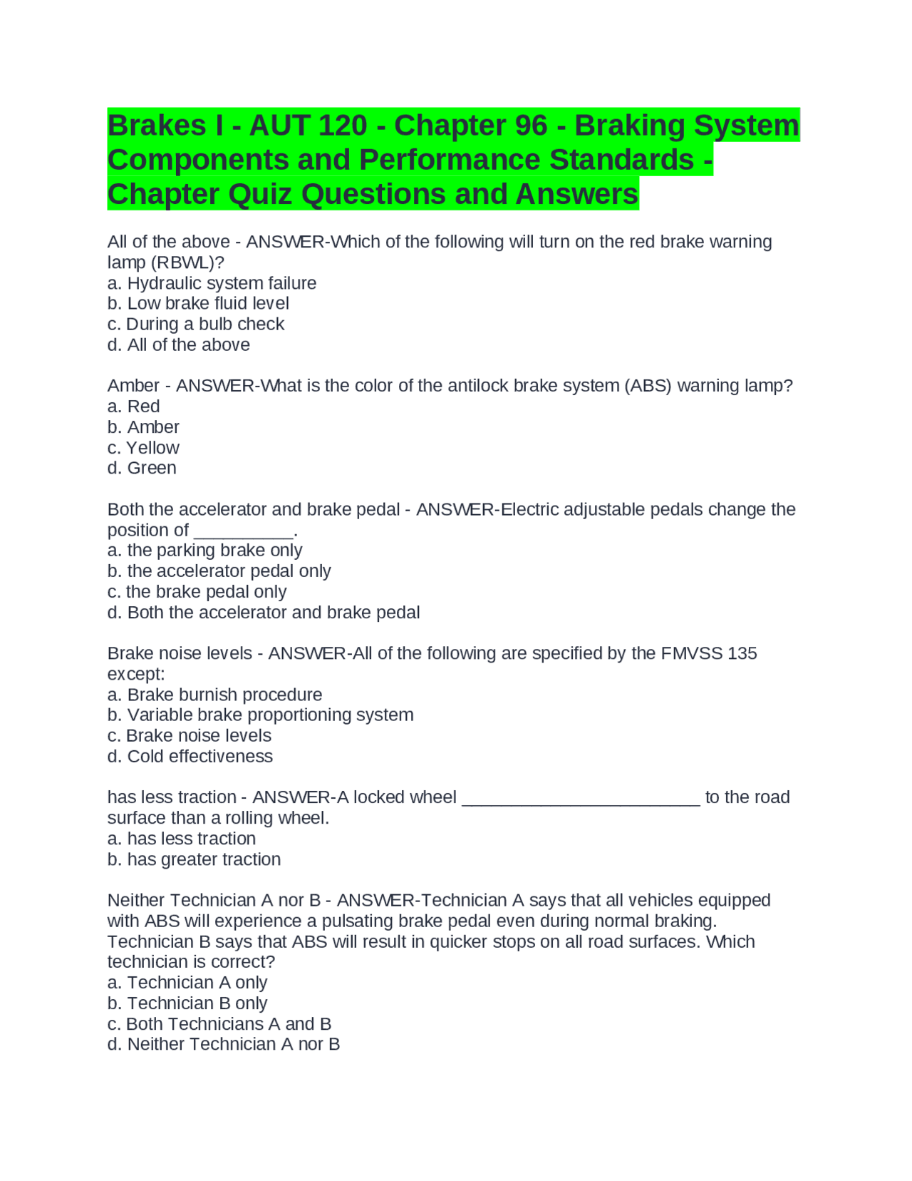 Braking System Components and Performance Standards: Chapter Quiz ...